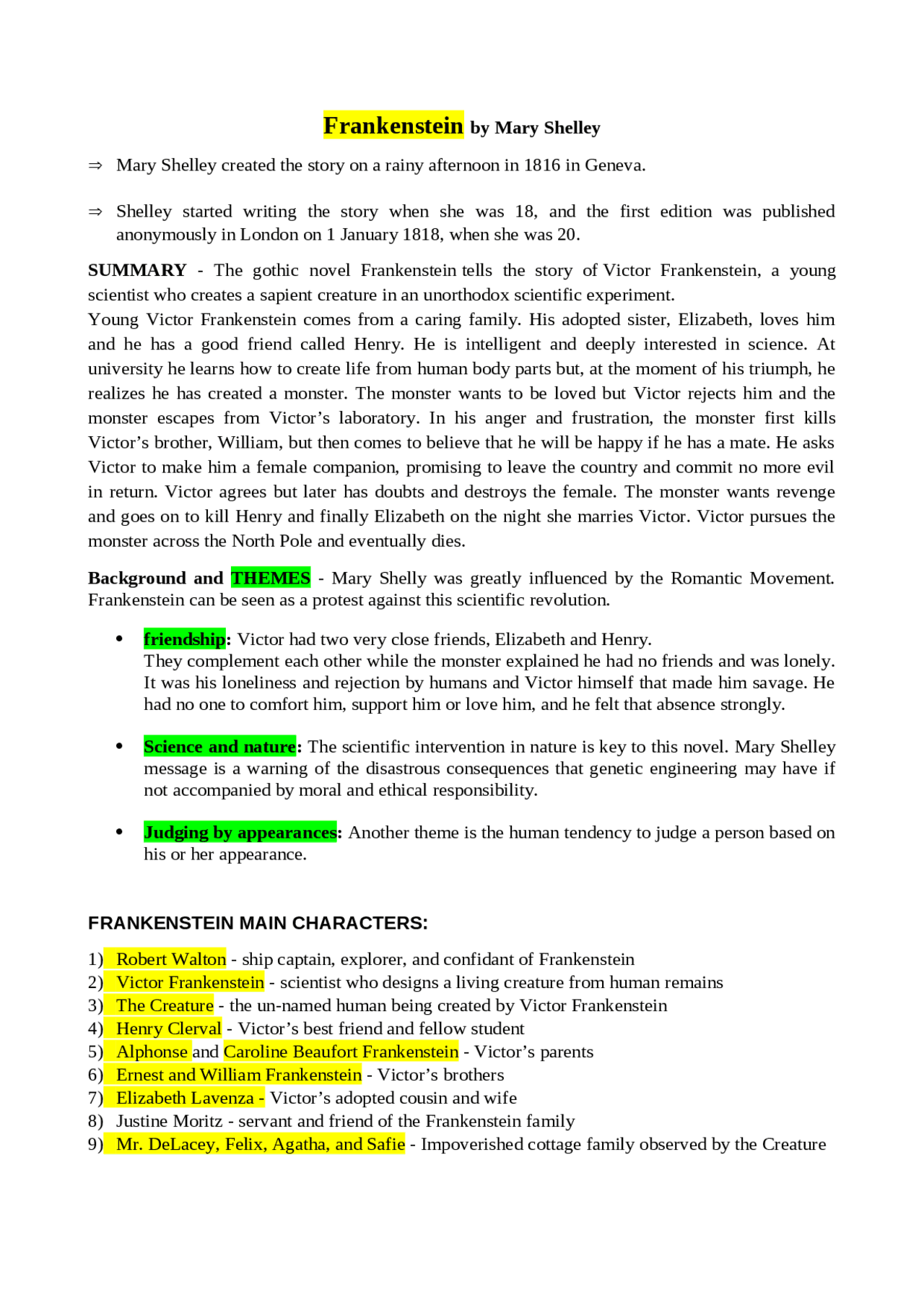 Frankenstein by Mary Shelley - Docsity