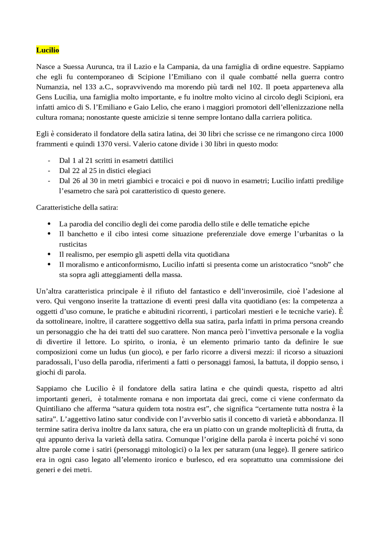 Lucilio E La Satira Appunti Di Latino Docsity