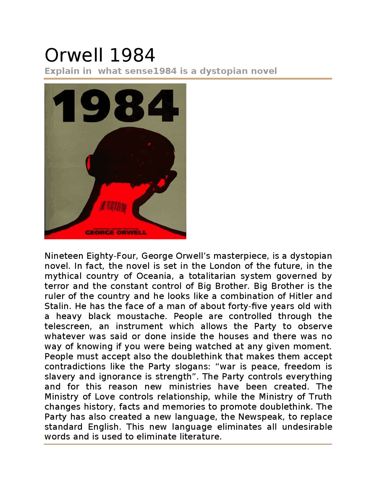 Distopian novel and 1984 - Docsity