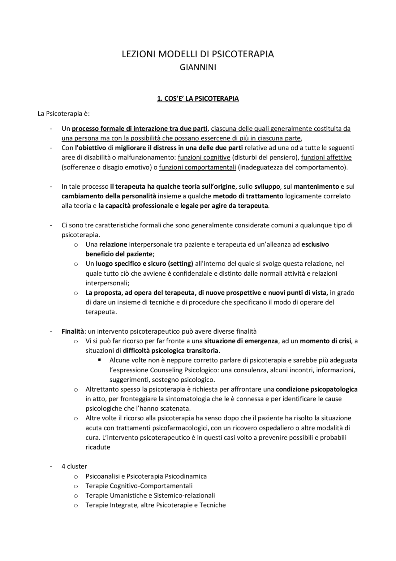 Lezioni Modelli Di Psicoterapia Giannini Docsity