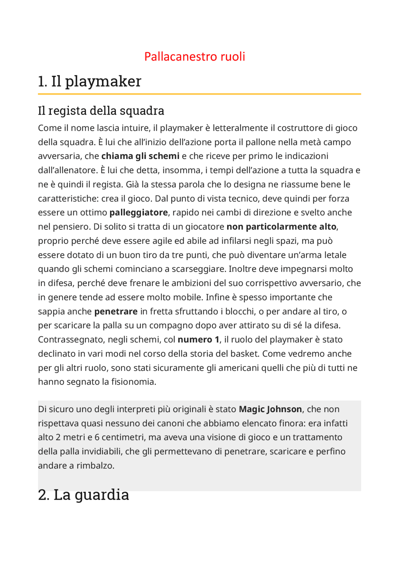 Basket i ruoli e i giocatori - Docsity