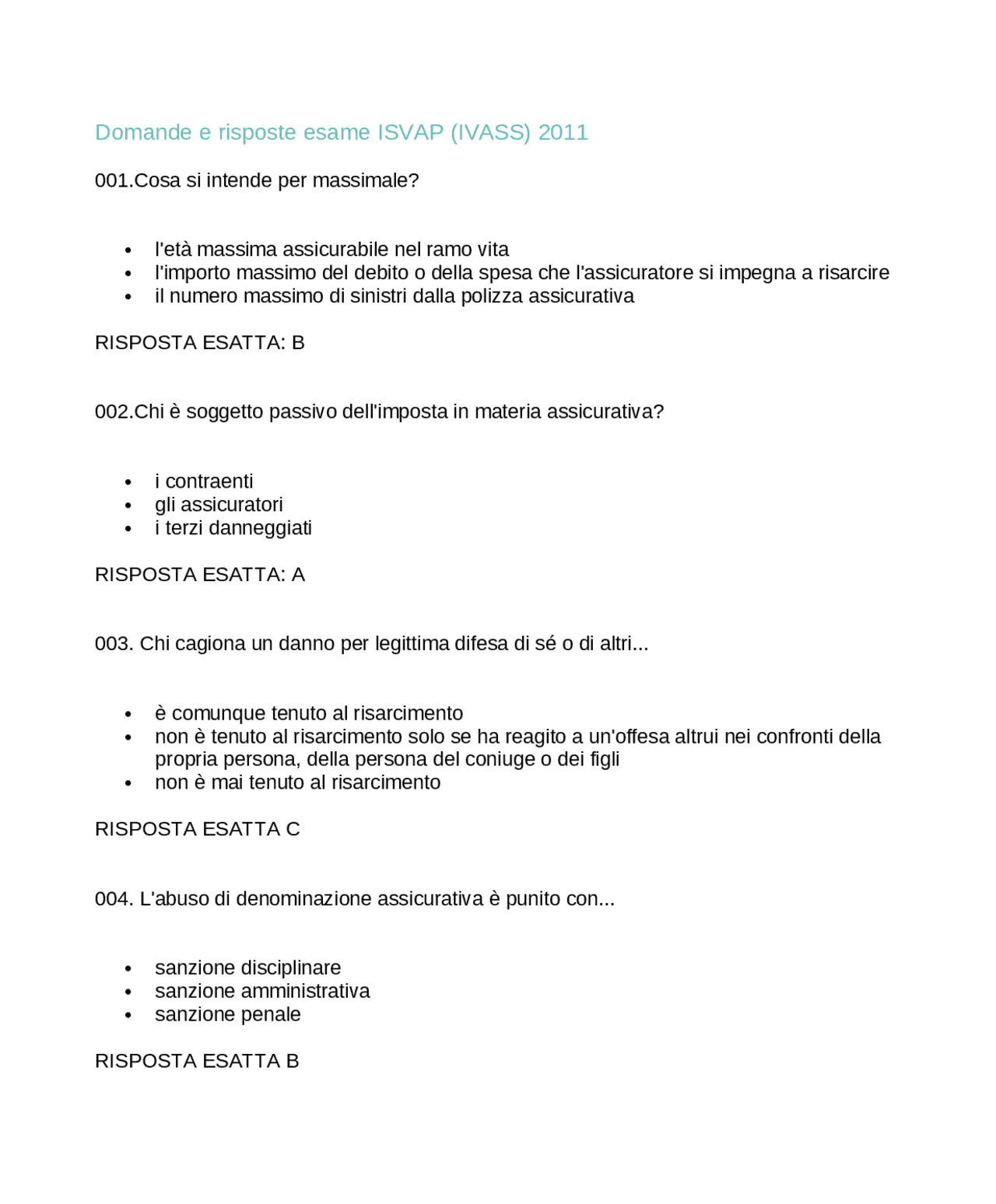 Diritto Delle Assicurazioni Test Esame Docsity