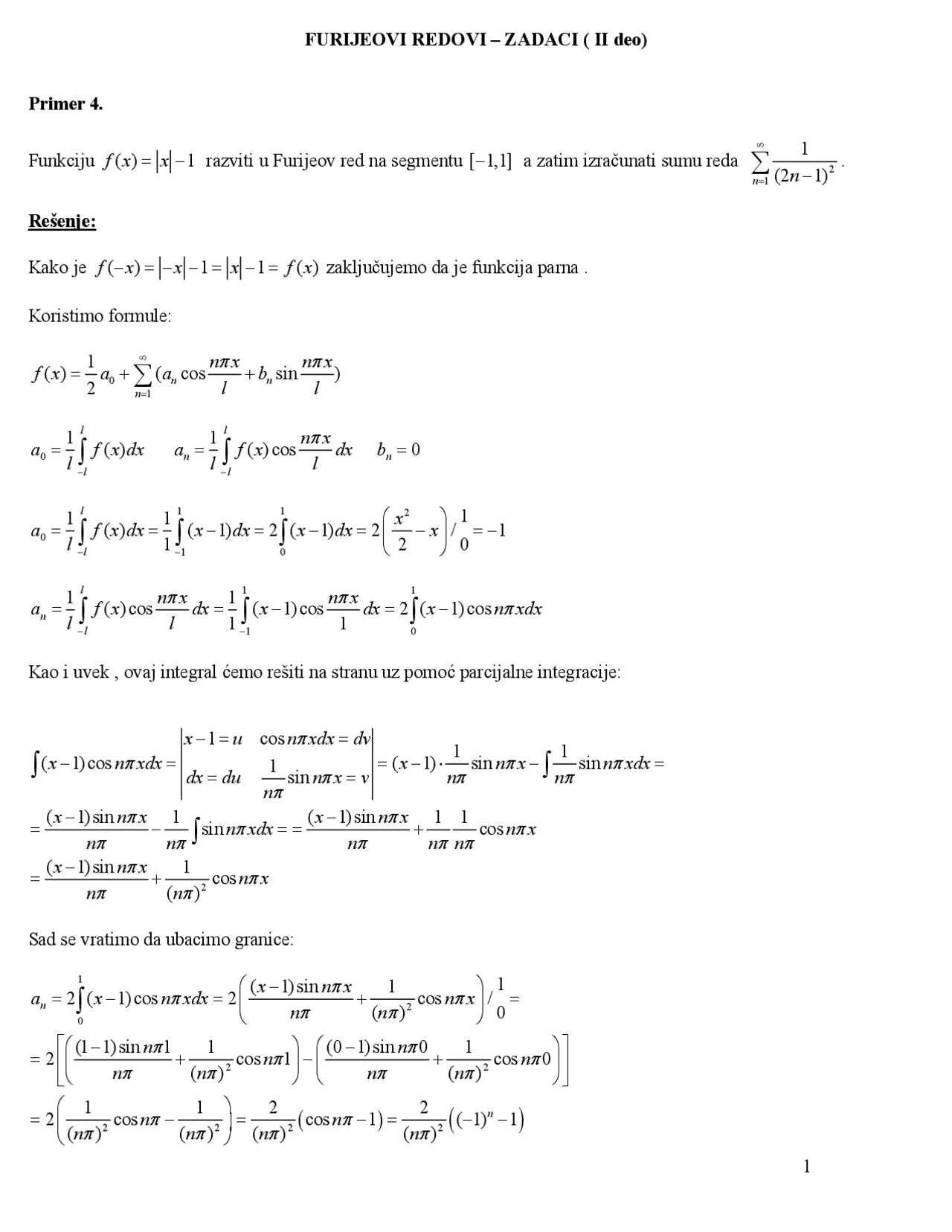 FURIJEOVI REDOVI - zadaci II deo | Vežbe' predlog Matematica - Docsity
