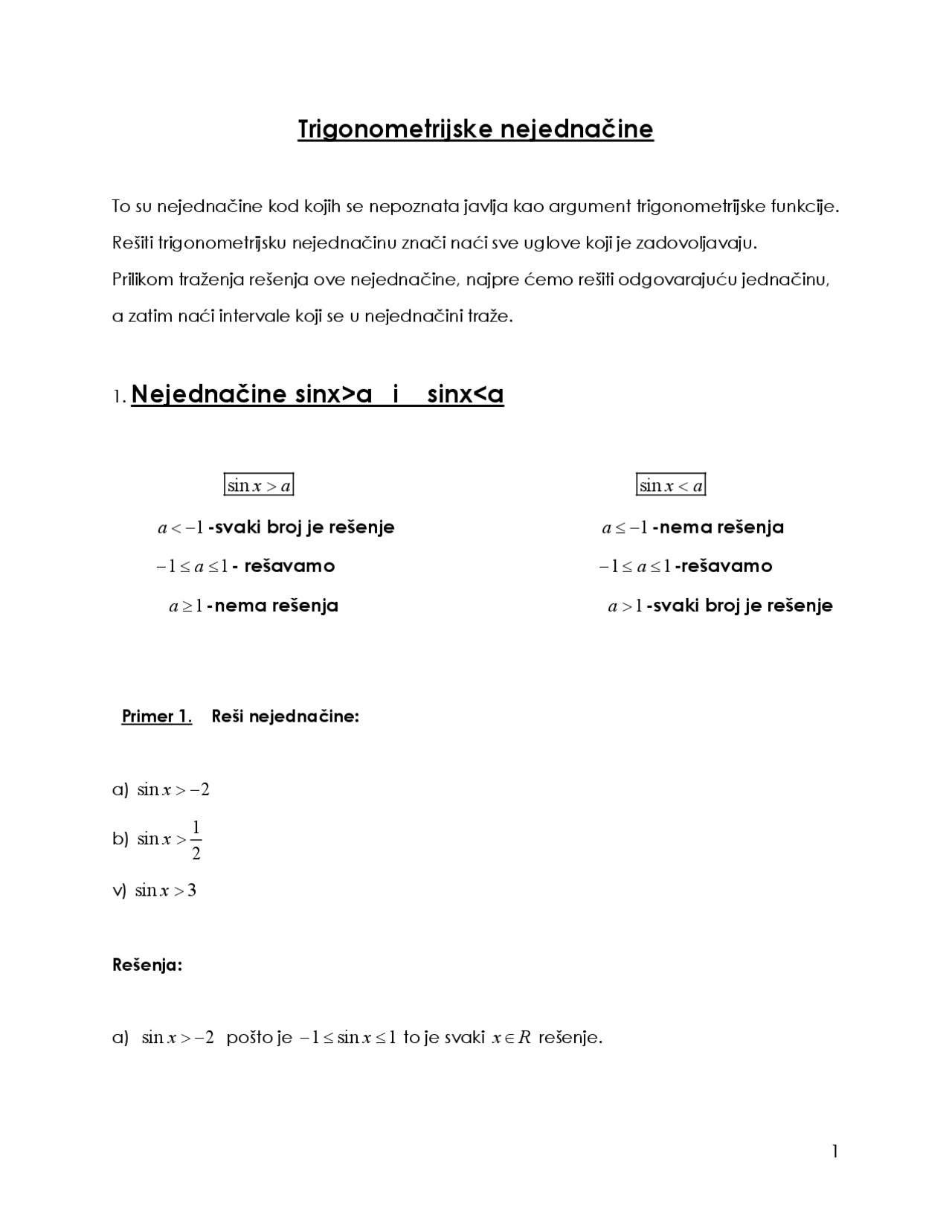 Trigonometrijske Nejednacine Skripte Predlog Matematica Docsity