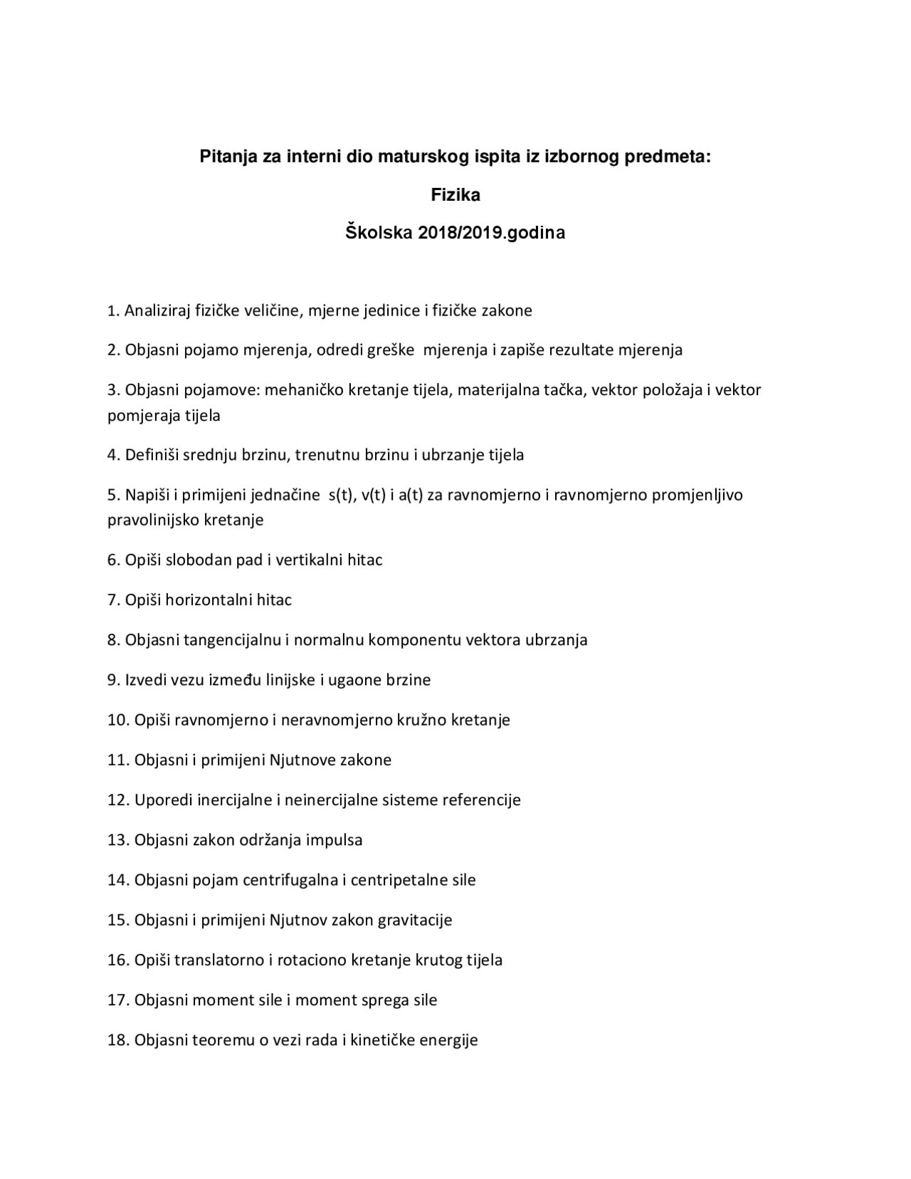 Pitanja za interni dio maturskog ispita iz Fizike | Ispiti' predlog Fisica - Docsity