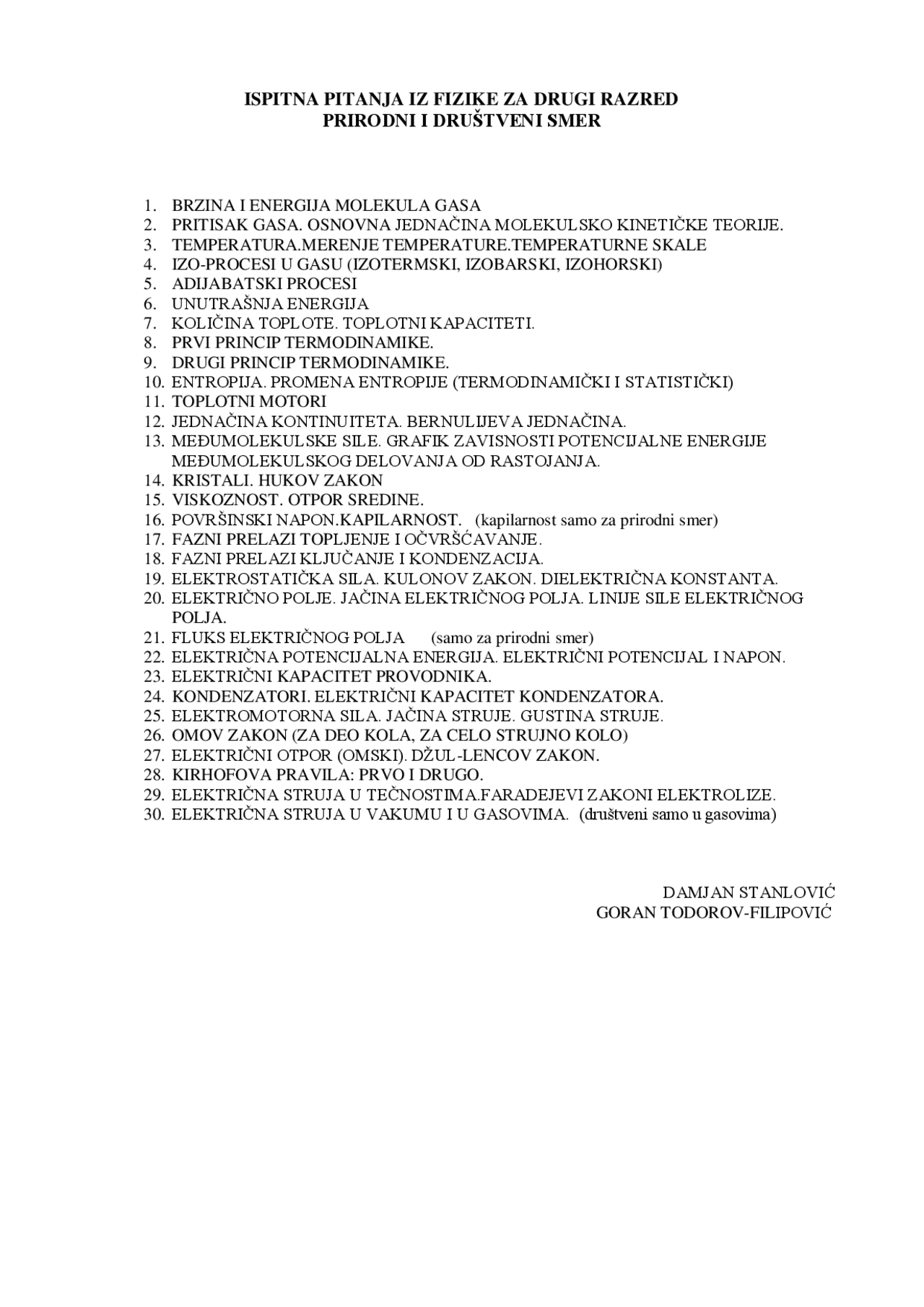 ISPITNA PITANJA IZ FIZIKE ZA DRUGI RAZRED | Ispiti' predlog Fisica - Docsity
