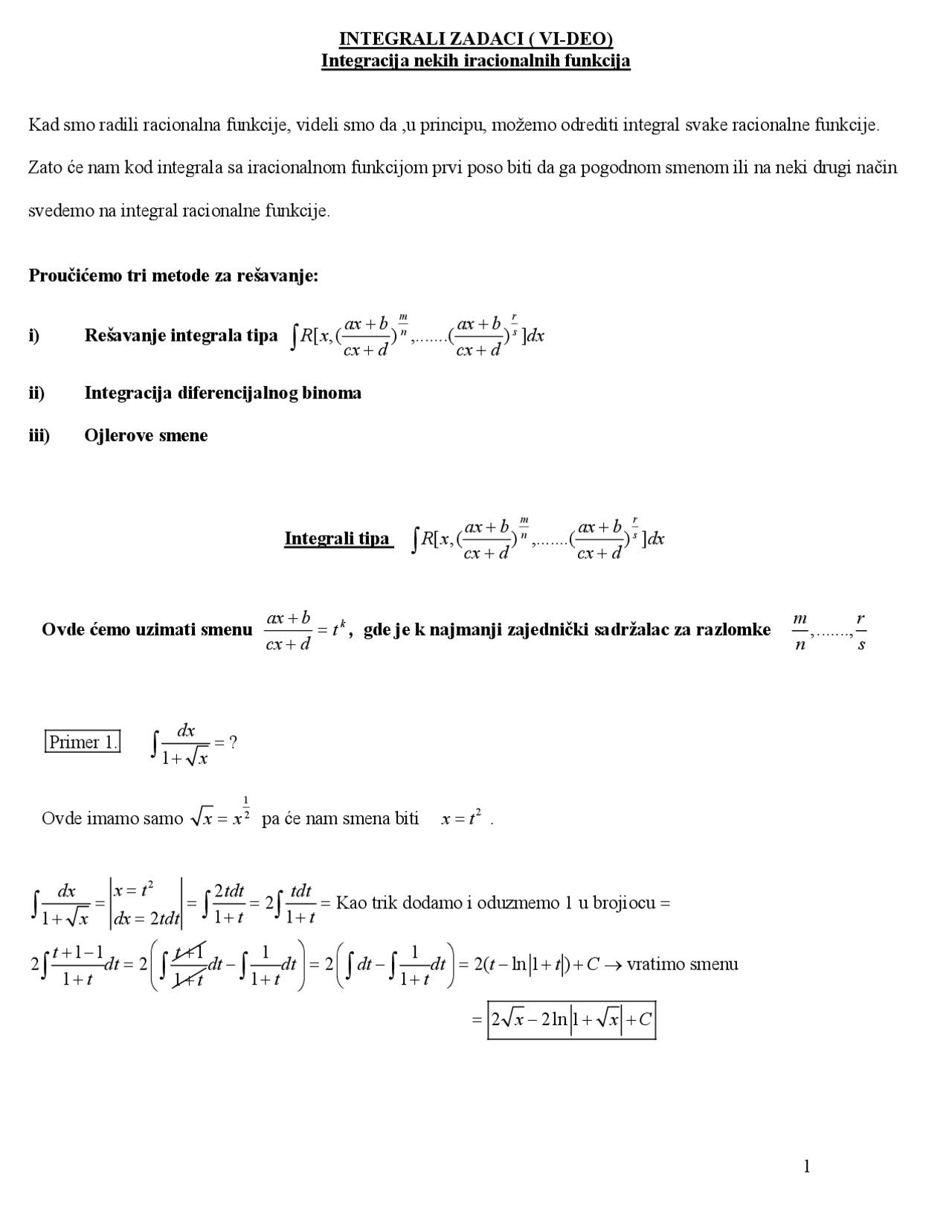 INTEGRALI ZADACI VI deo | Vežbe' predlog Matematica - Docsity