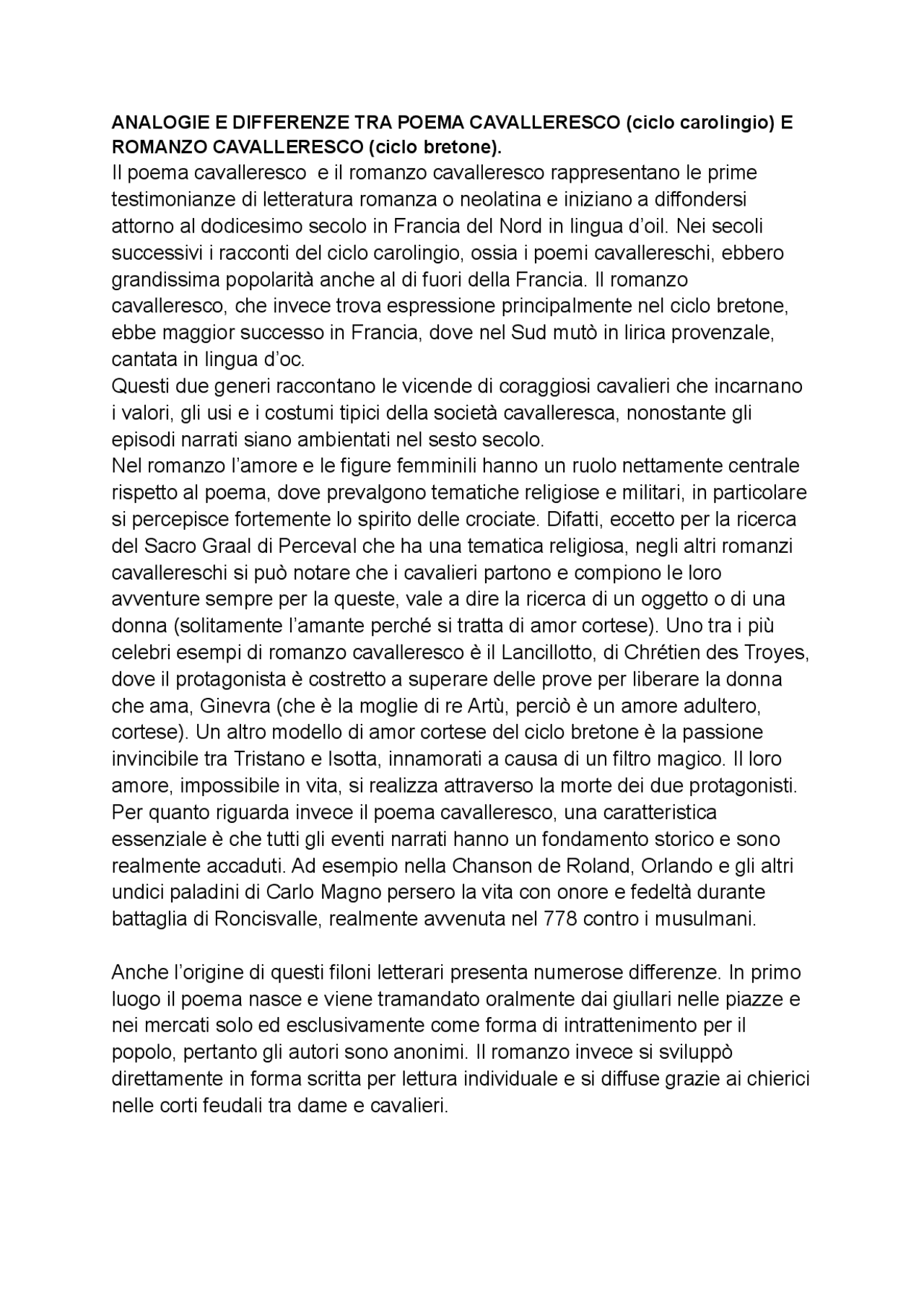 Analogie E Differenze Tra Poema E Romanzo Cavalleresco Docsity