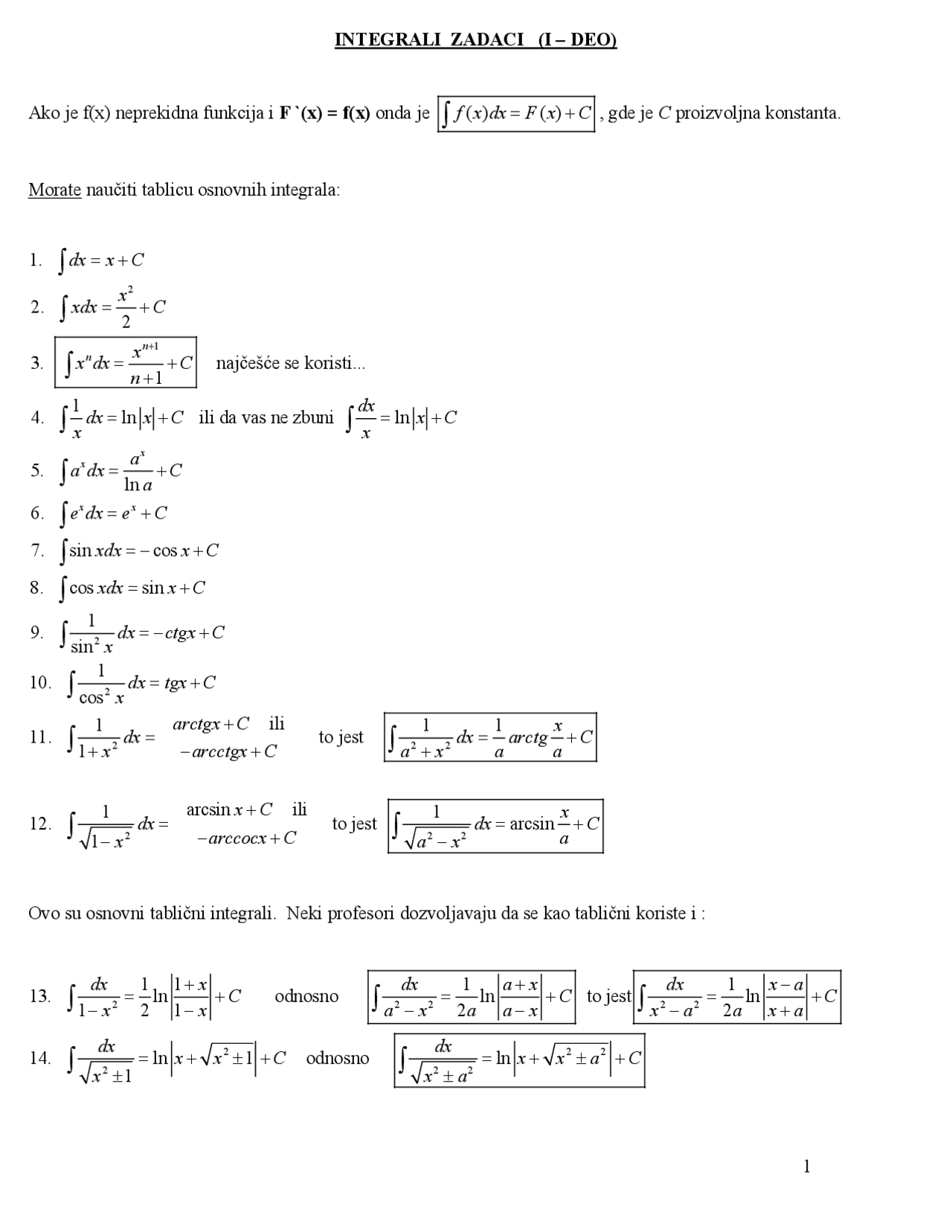 INTEGRALI ZADACI I deo | Vežbe' predlog Matematica - Docsity