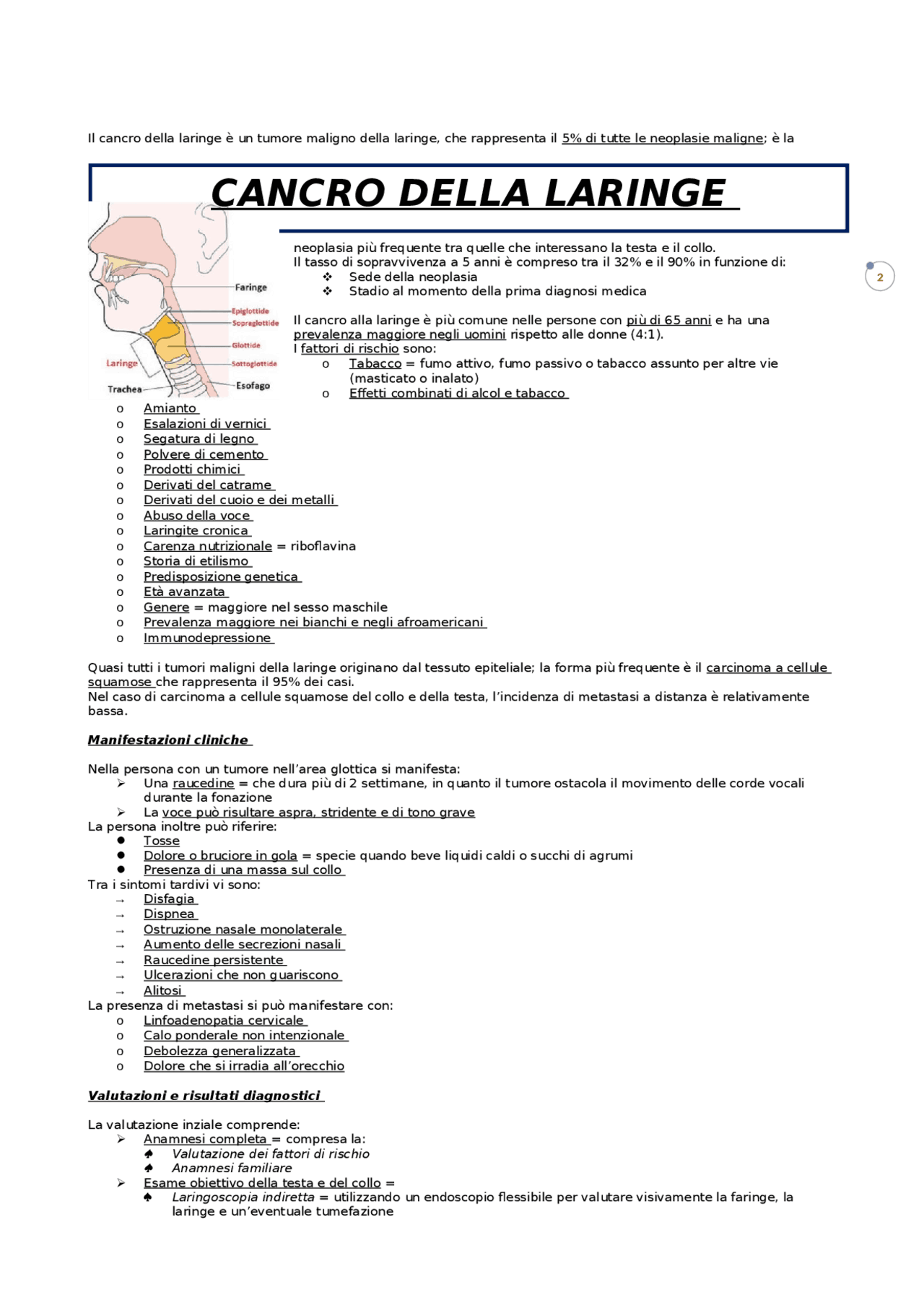 Assistenza infermieristica al paziente con Tumore alla laringe - Docsity