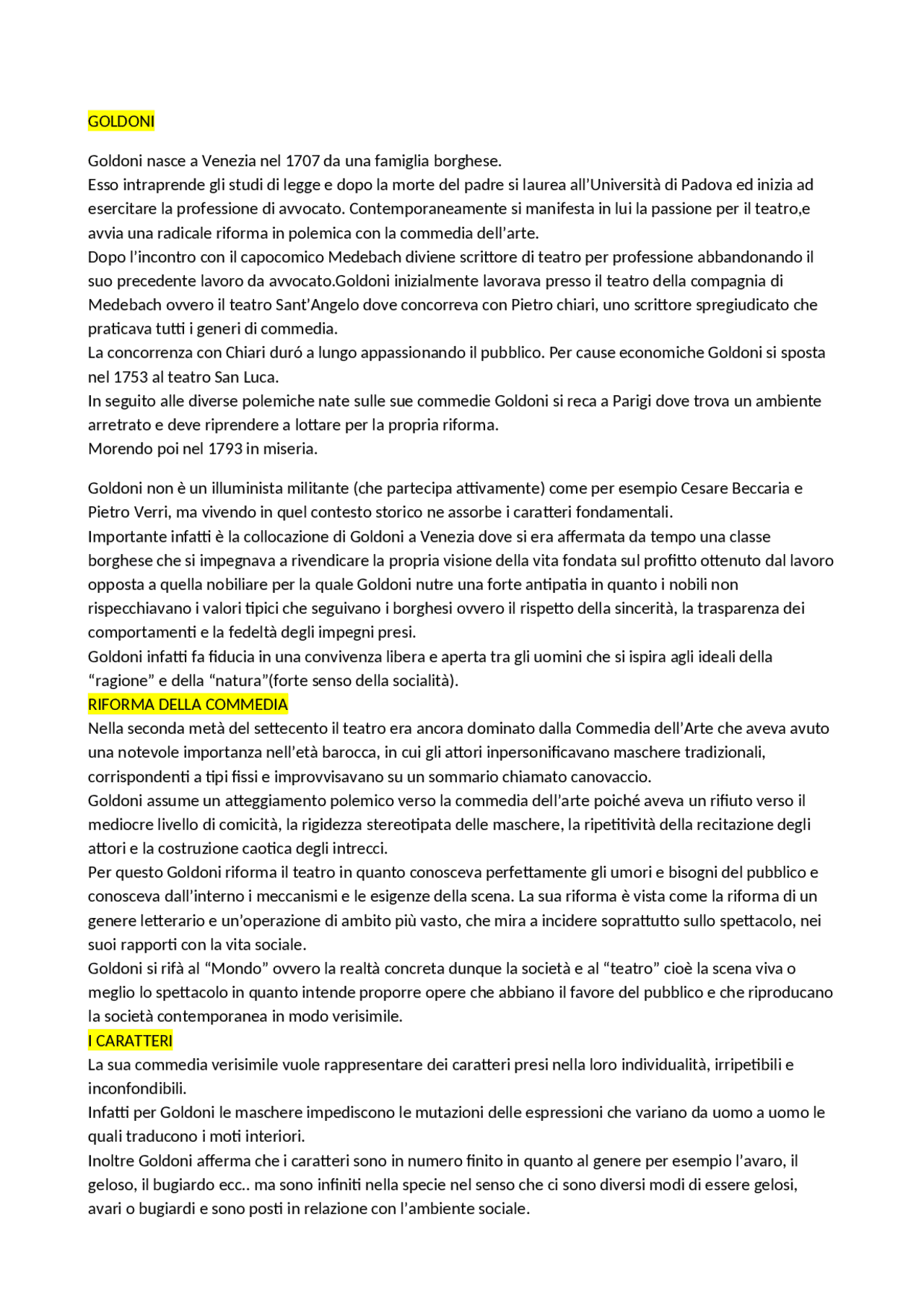 Goldoni E La Locandiera Docsity