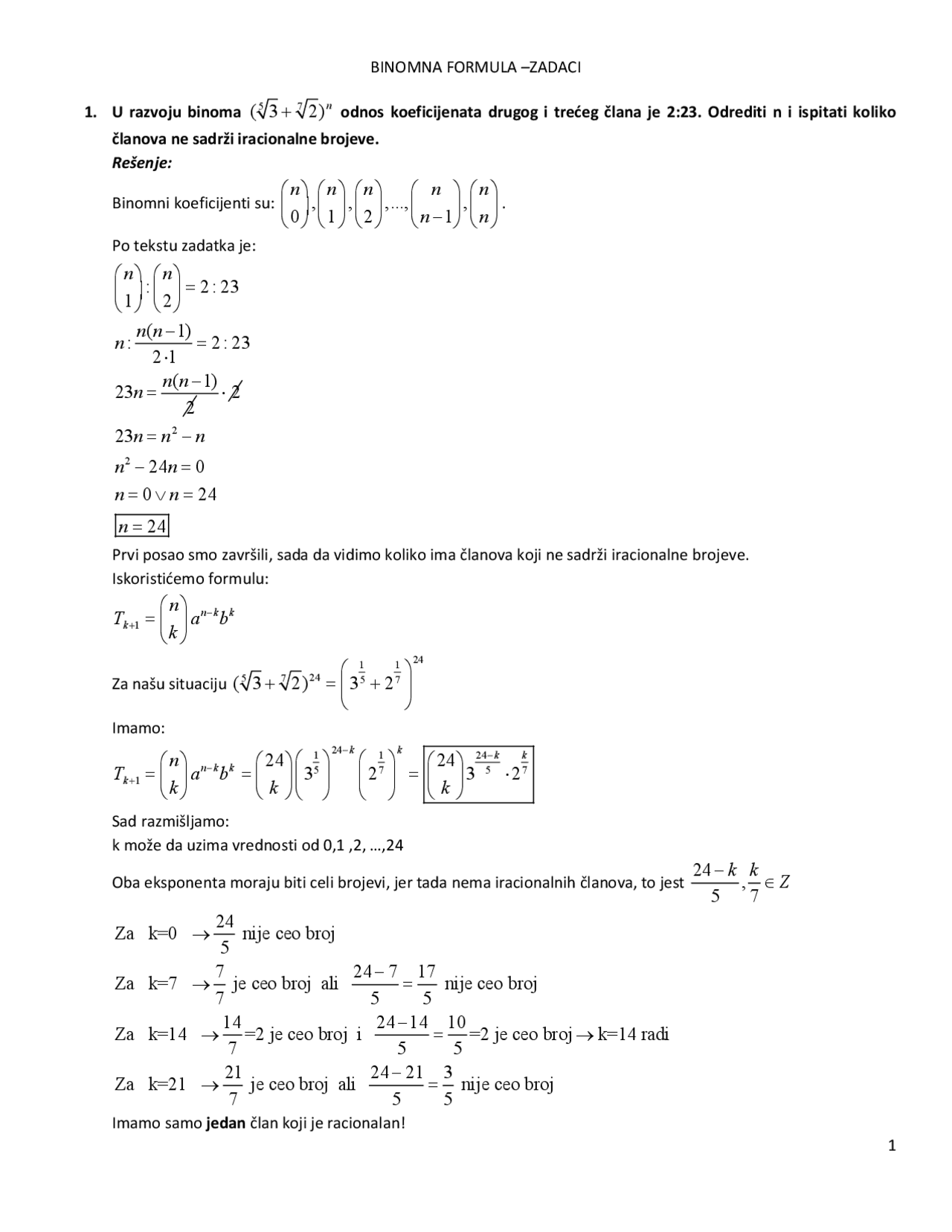 BINOMNA FORMULA - ZADACI | Vežbe' predlog Matematica - Docsity