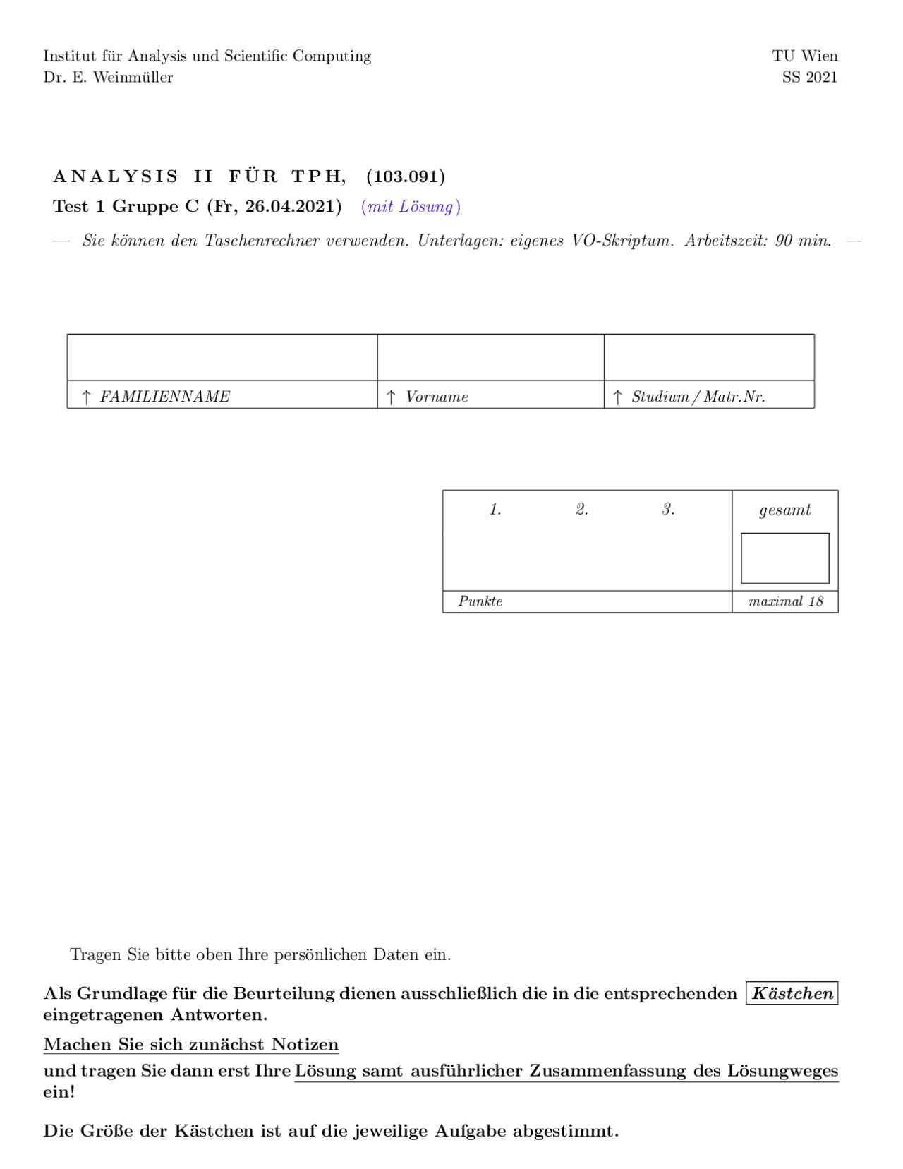 Analysis Ii FÜr Tph Test 1 Mit Lösung Tu Wien Ss 2021 Docsity