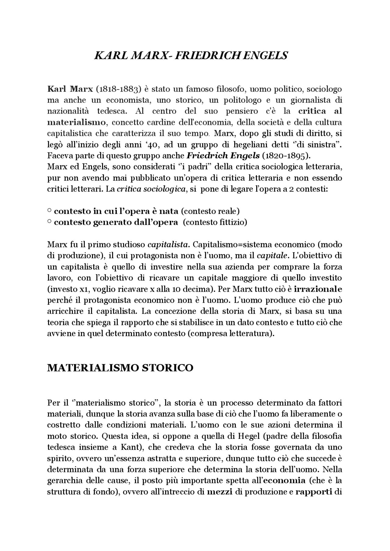 Marx ed Engels riassunto - Docsity