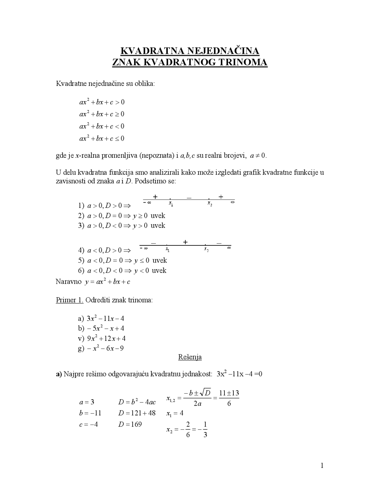 Kvadratna Nejednacina Skripte Predlog Matematica Docsity