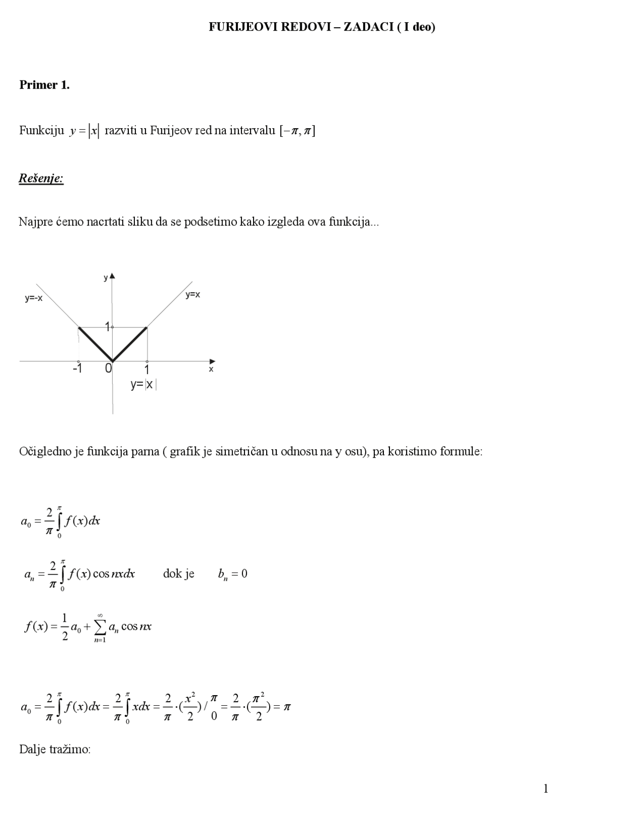 FURIJEOVI REDOVI - zadaci I deo | Vežbe' predlog Matematica - Docsity
