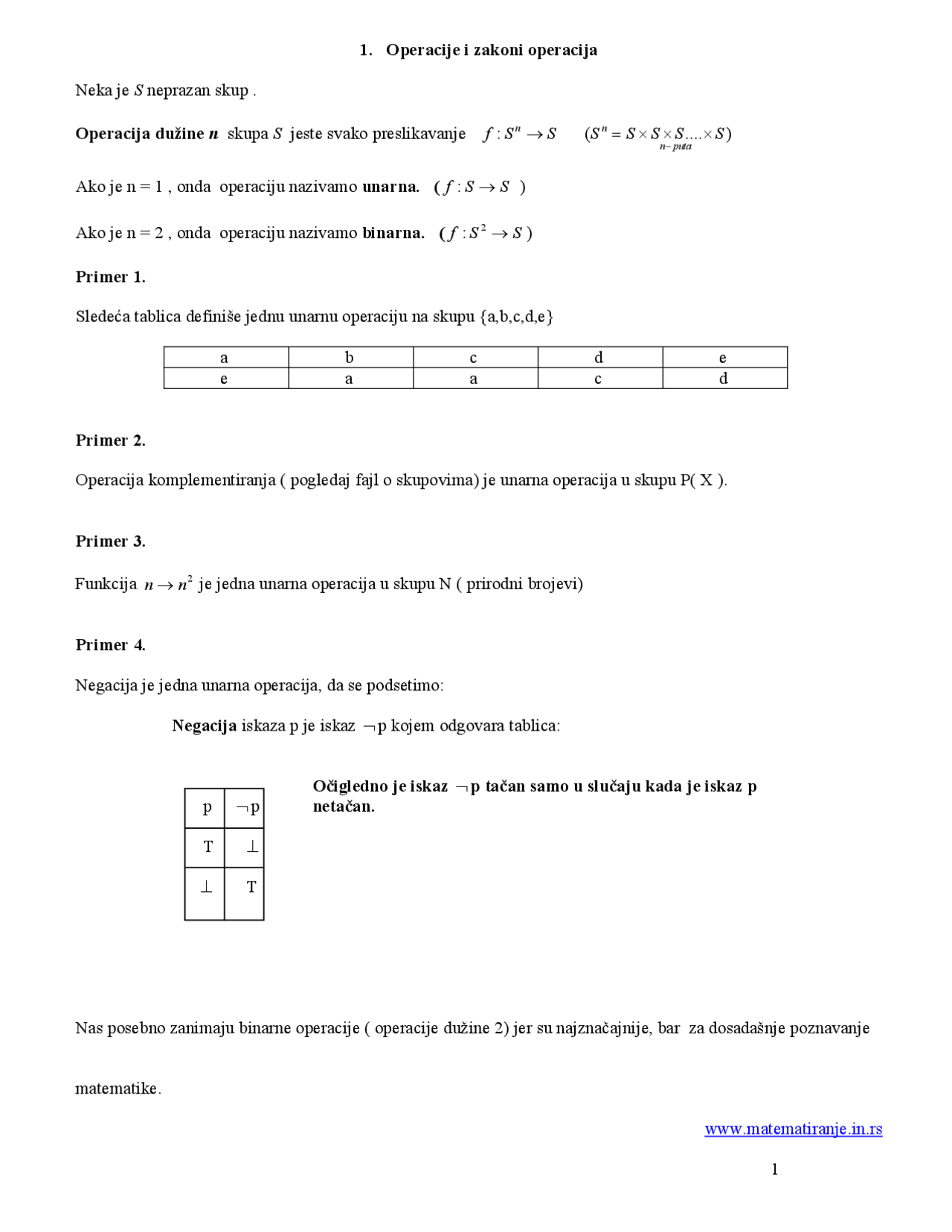 Operacije i zakoni operacija | Skripte' predlog Matematica - Docsity