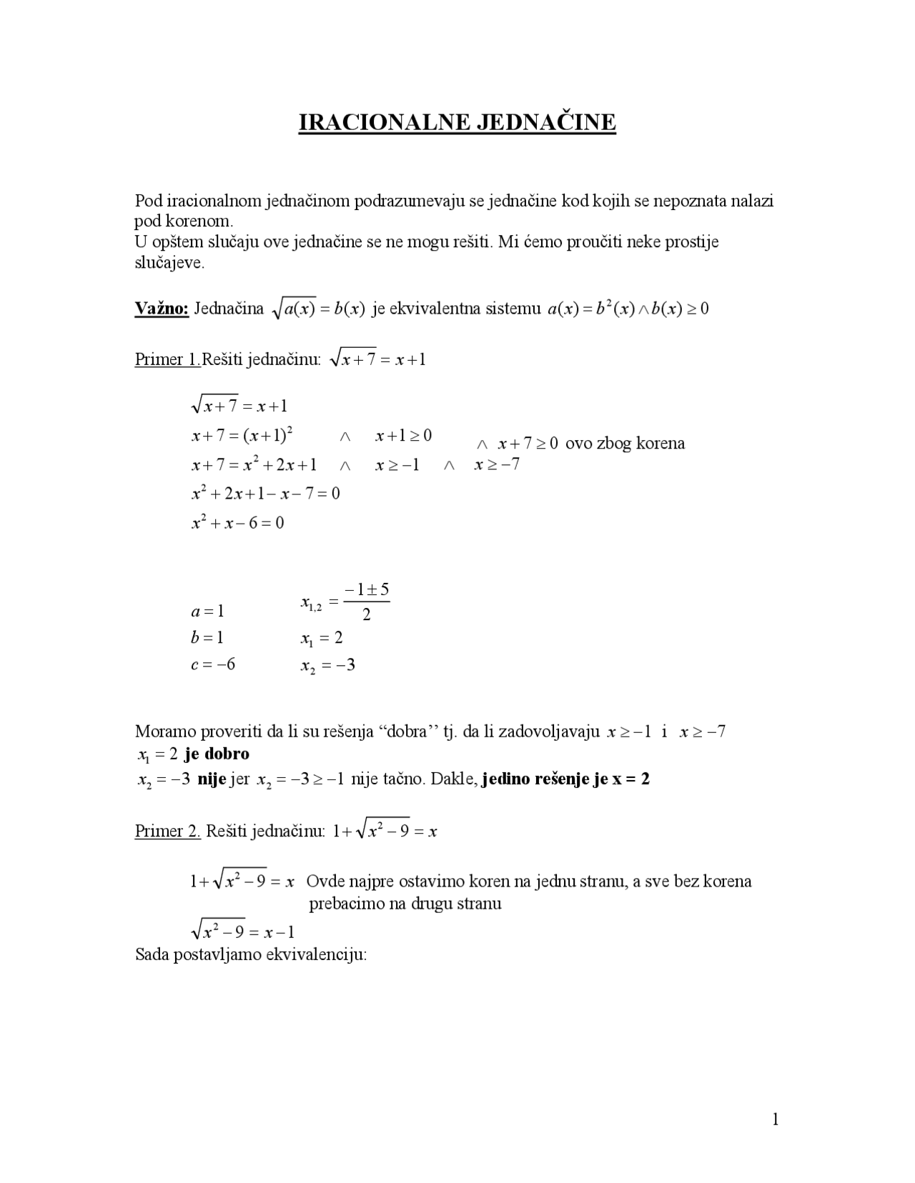 Iracionalne Jednacine Skripte Predlog Matematica Docsity