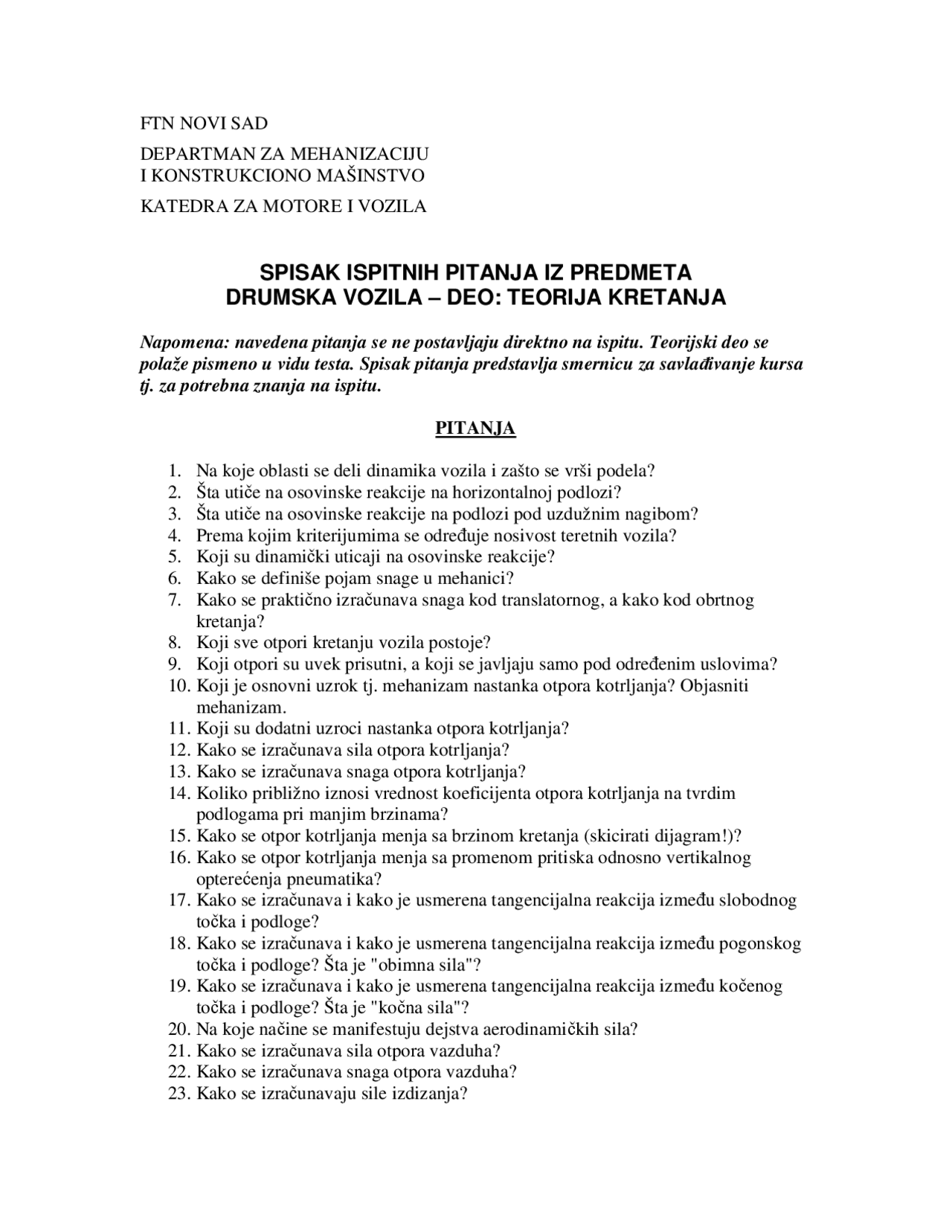 Spisak Ispitnih Pitanja Iz Predmeta Drumska Vozila Ispiti Predlog