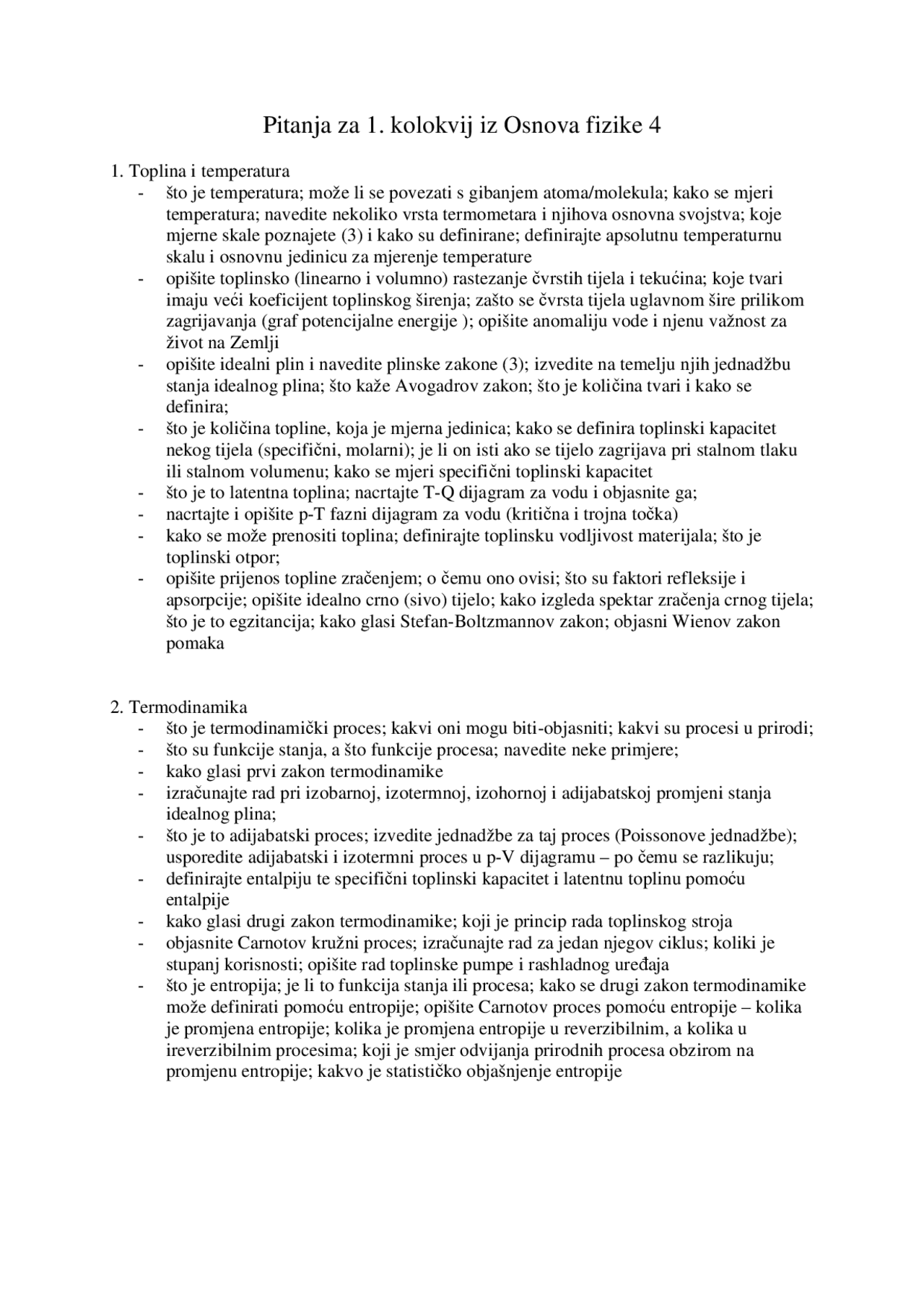 Pitanja za 1. kolokvij iz Osnova fizike 4 | Ispiti' predlog Fizika - Docsity