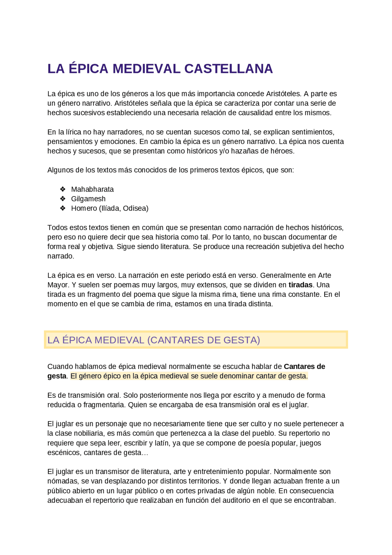 La Épica Medieval Castellana - Docsity