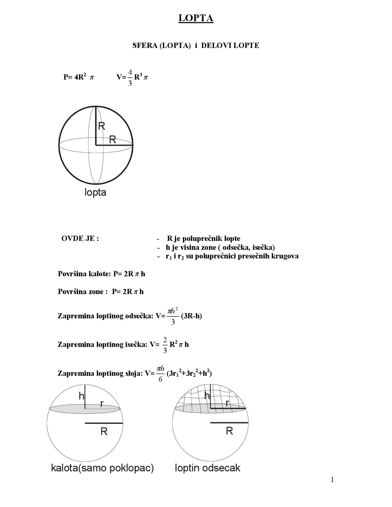 LOPTA i delovi lopte | Skripte od Matematica | Docsity