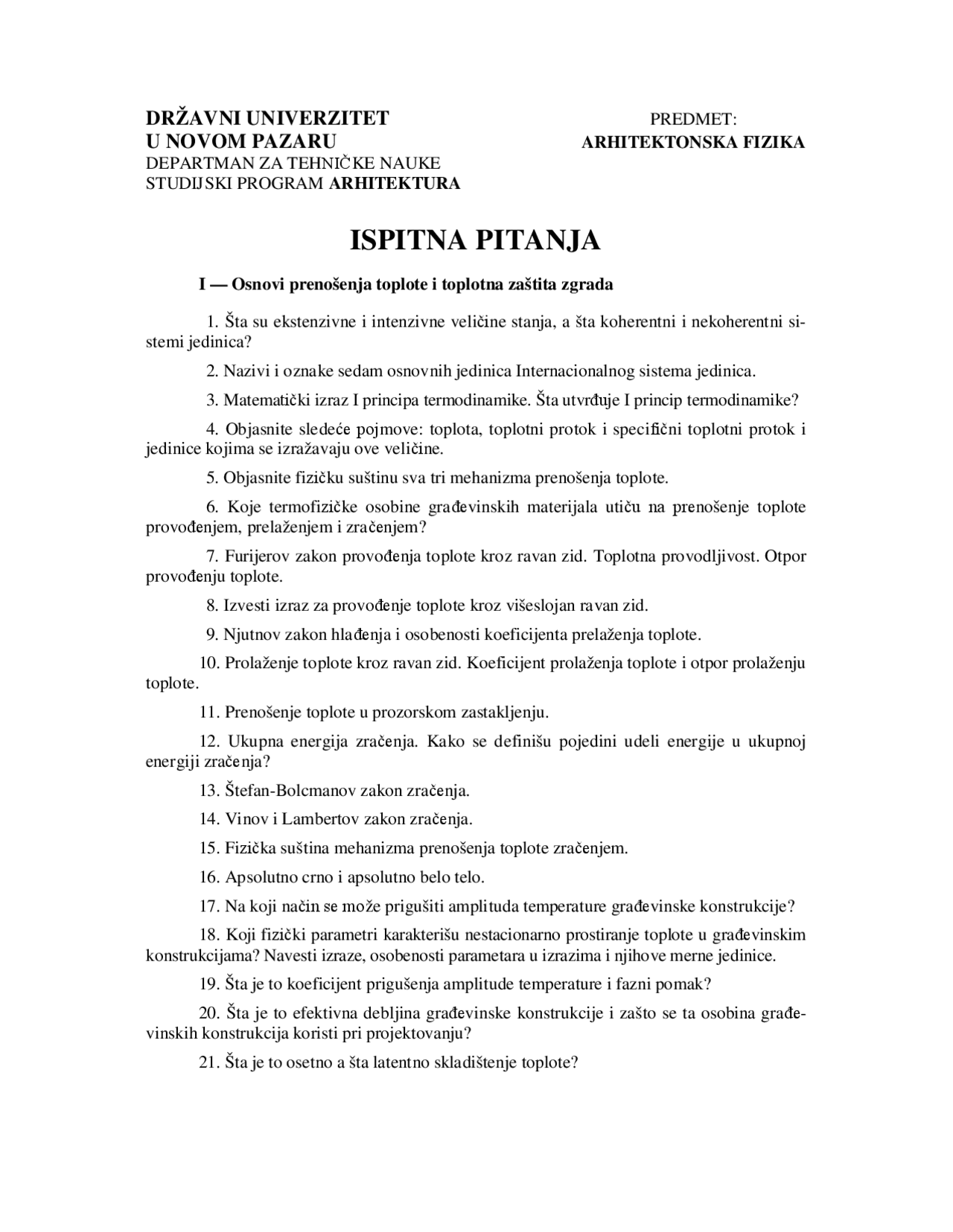 ARHITEKTONSKA FIZIKA - ISPITNA PITANJA | Ispiti' predlog Arhitektonska fizika | Docsity