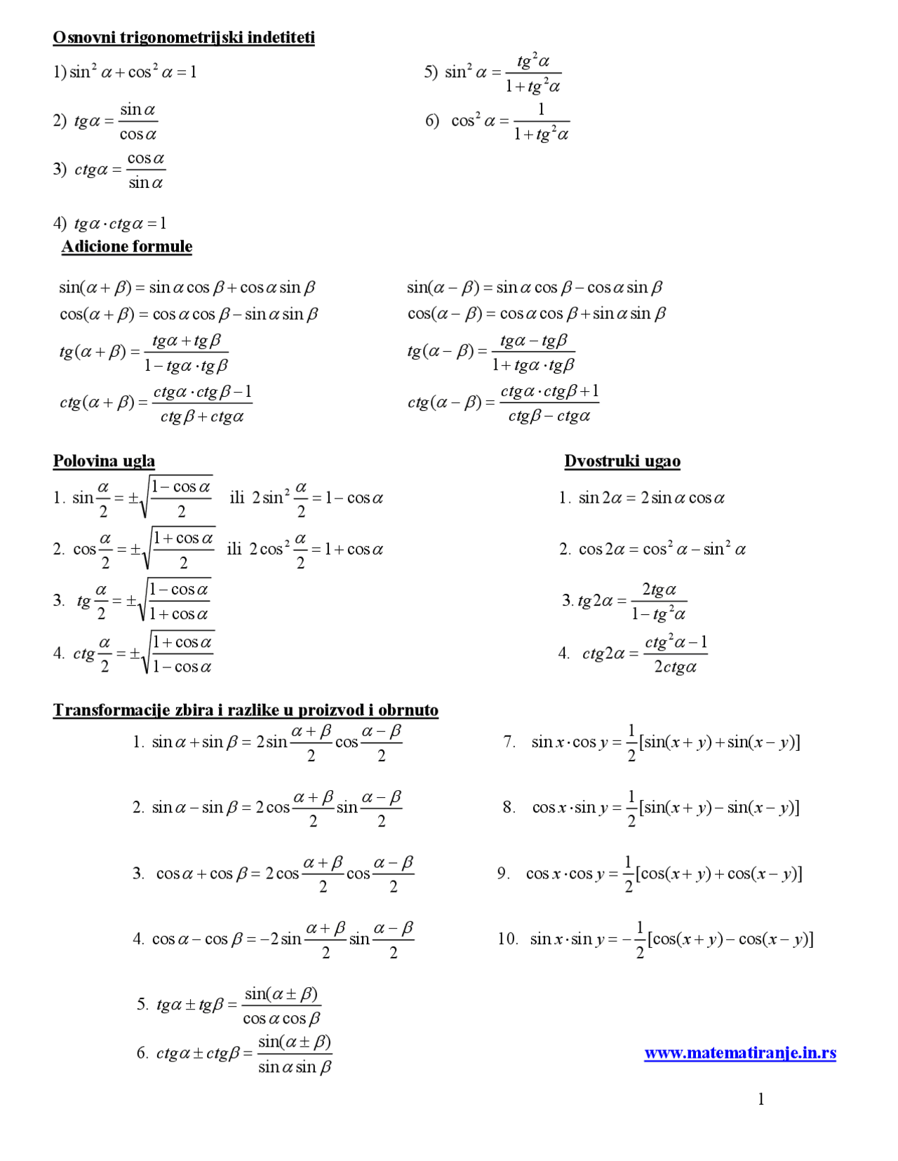 Trigonometrija Formule 2° Godina Skripte Predlog Matematica