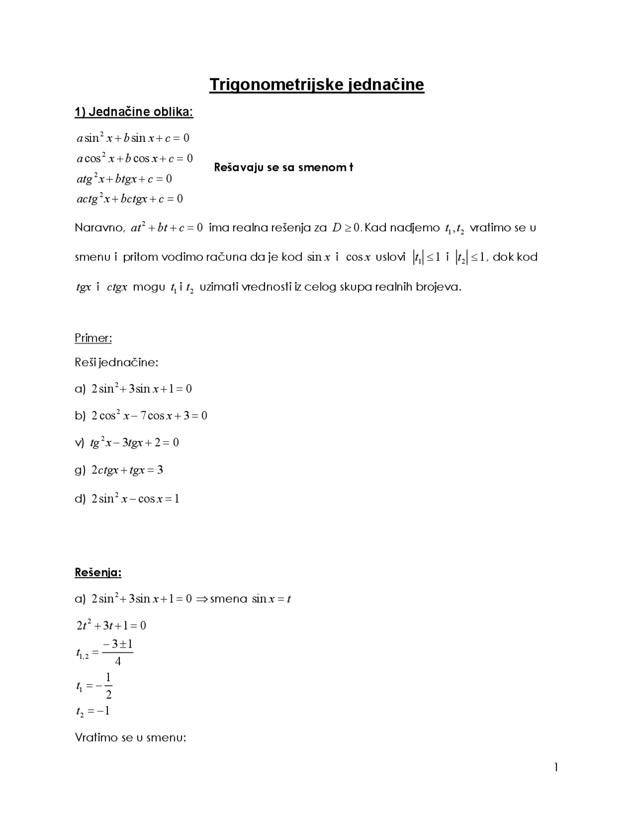 Trigonometrijske Jednacine Skripte Predlog Matematica Docsity