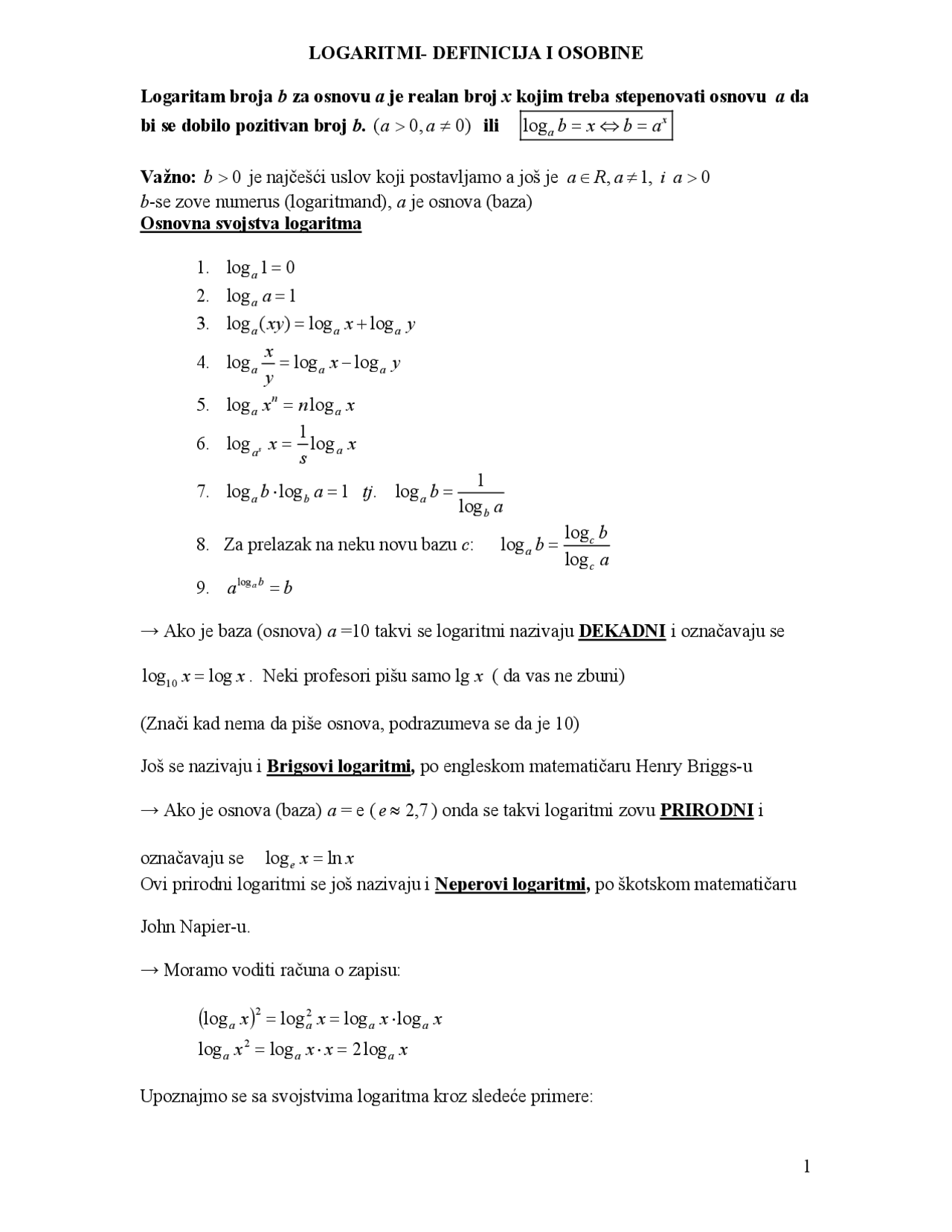 LOGARITMI - definicija i osobine | Skripte' predlog Matematica - Docsity