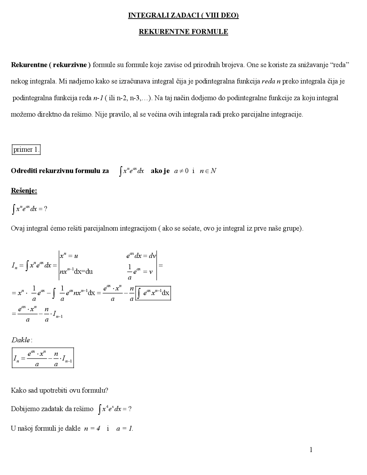 INTEGRALI ZADACI VIII deo | Vežbe' predlog Matematica - Docsity
