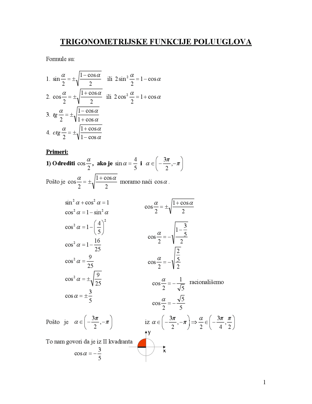 Trigonometrijske Funkcije Poluuglova Skripte Predlog Matematica