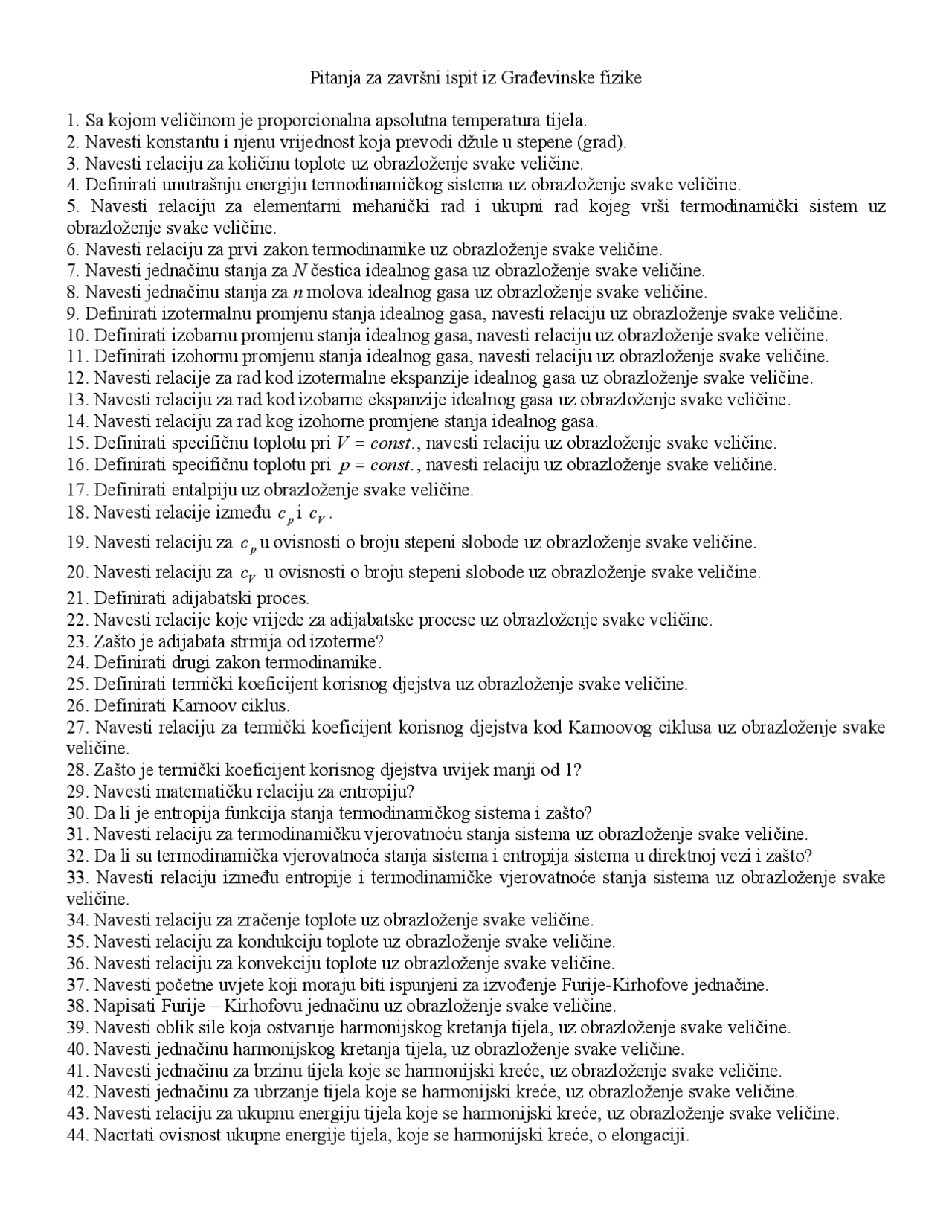 Pitanja za završni ispit iz Građevinske fizike | Ispiti' predlog Građevinska fizika - Docsity