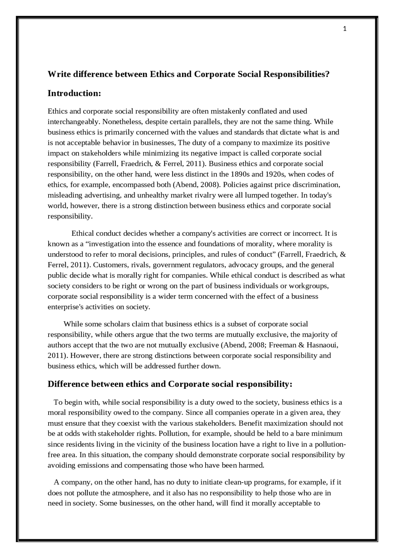 Difference between ethics and corporate social responsibility - Docsity