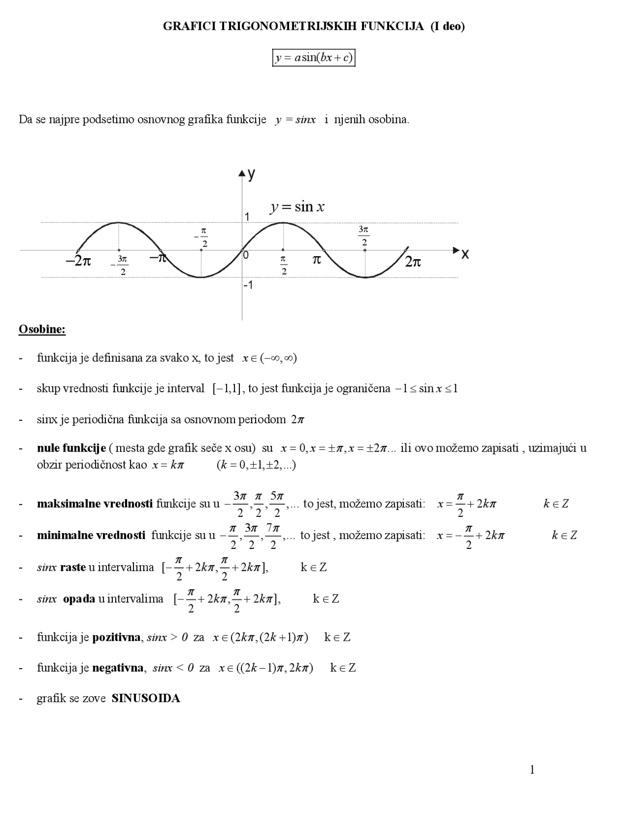 Grafici Trigonometrijskih Funkcija I Deo Skripte Predlog