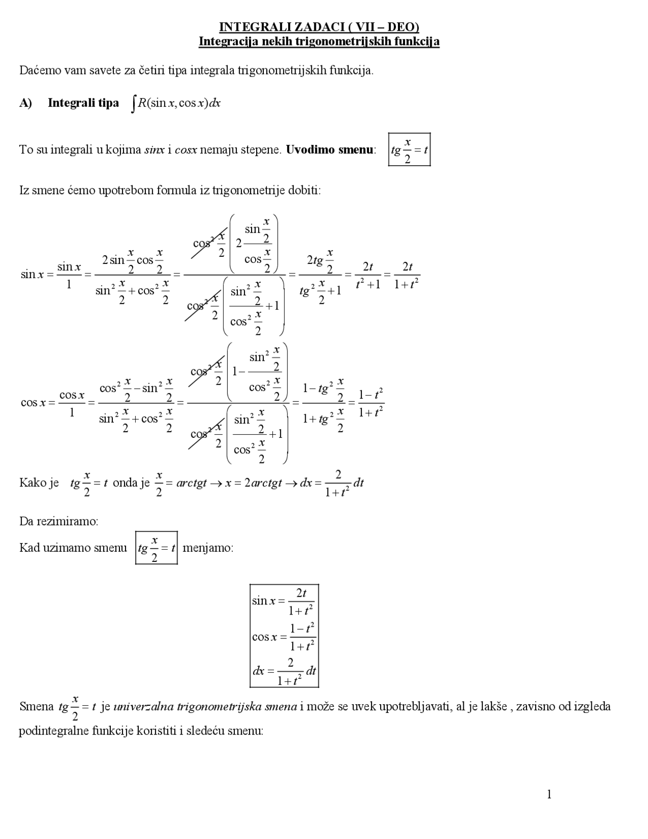 Integrali Zadaci Vii Deo Vežbe Predlog Matematica Docsity
