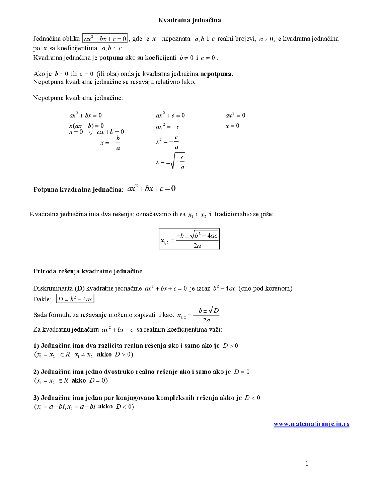Kvadratna Jednacina Najvaznije Formule Skripte Predlog Matematica