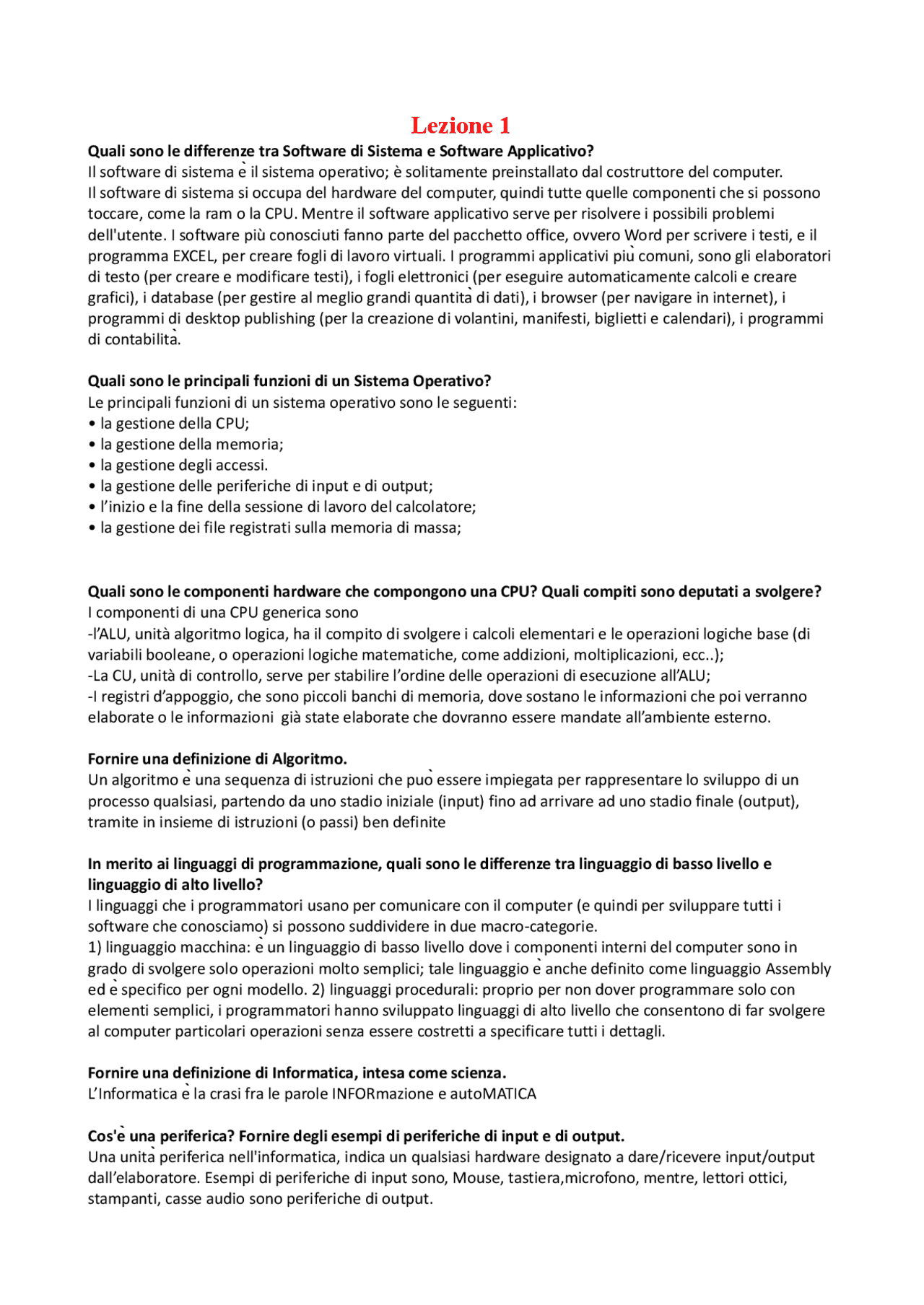 Domande Aperte Di Informatica Esercizi Di Informatica Per