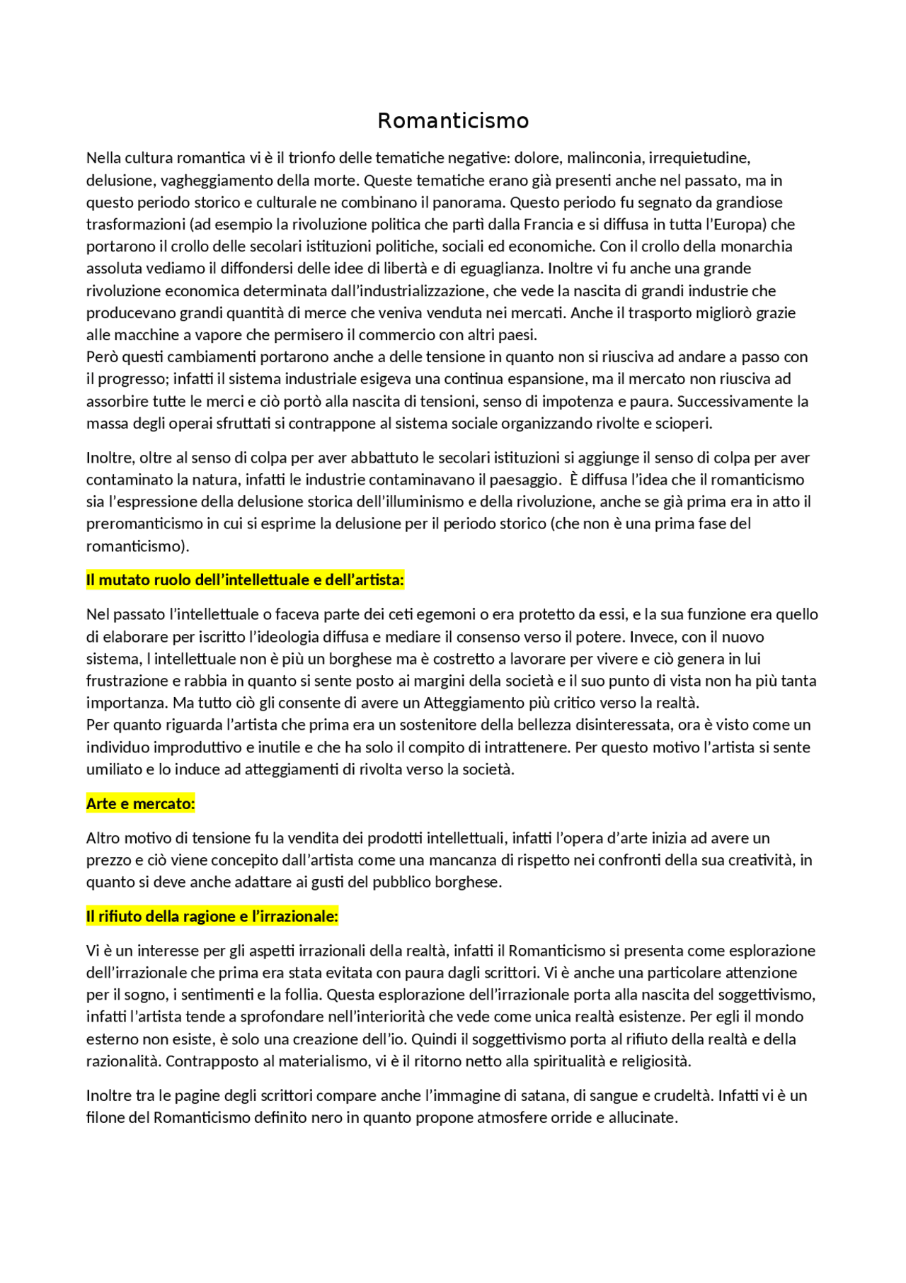 Romanticismo Scontro Tra Romantici E Classicisti Docsity