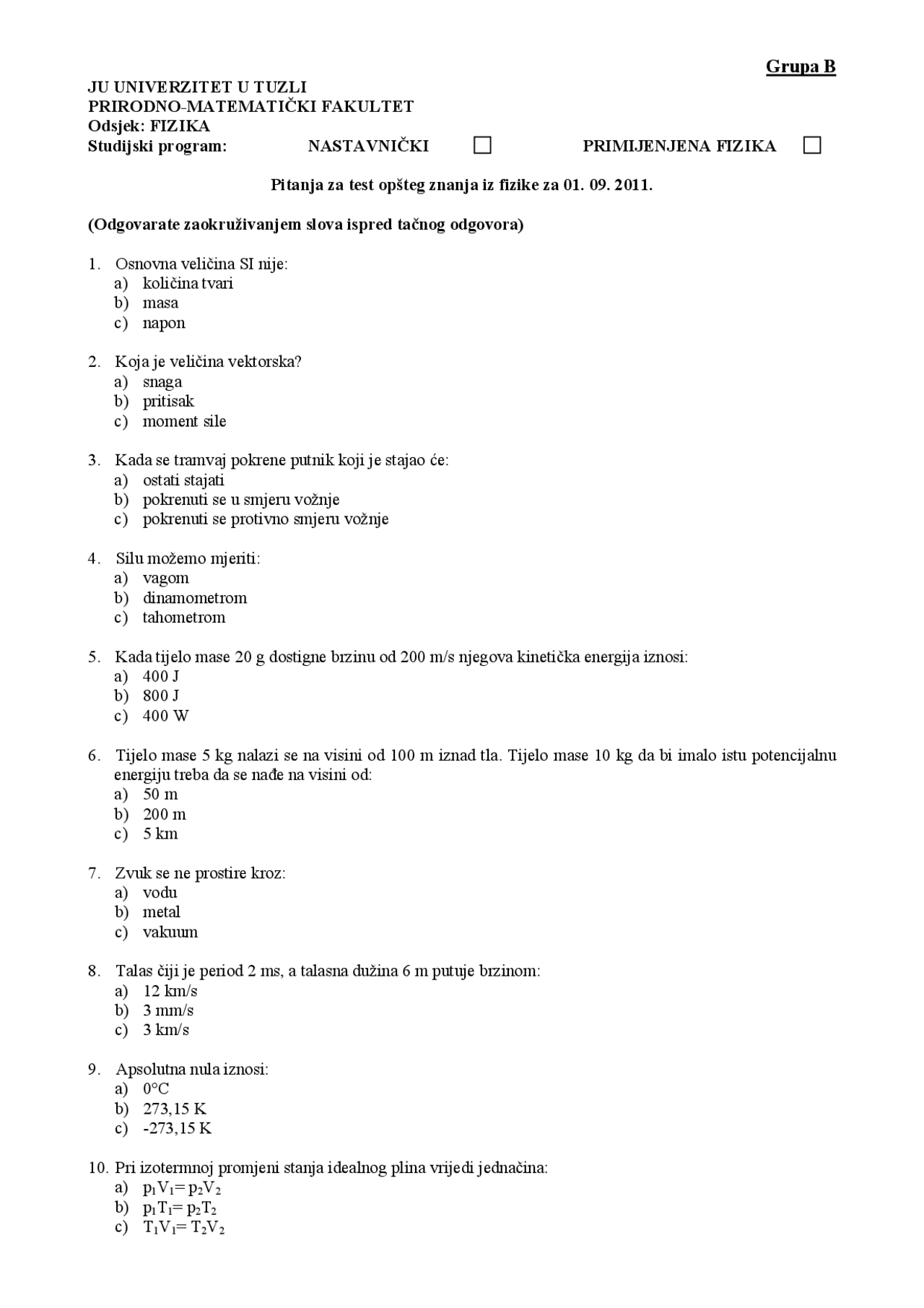 Pitanja za test opšteg znanja iz fizike | Ispiti' predlog Fizika - Docsity