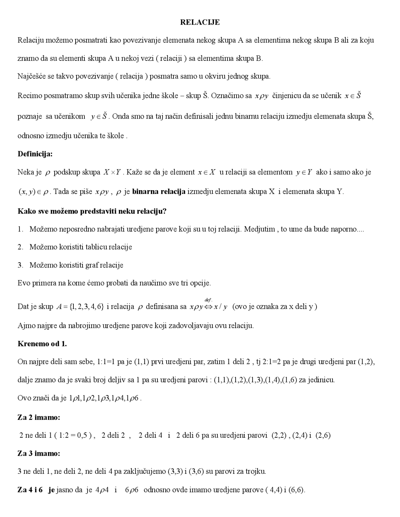 RELACIJE - rezime | 1° godina srenje skole | Rezime' predlog Matematica - Docsity