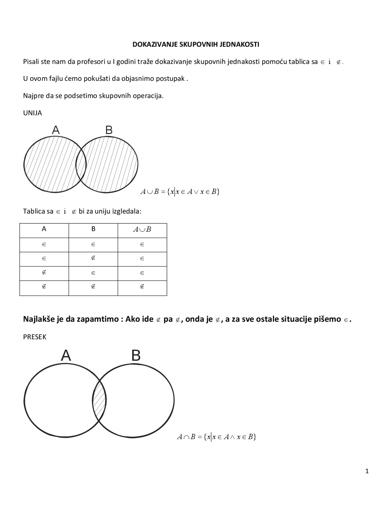 Dokazivanje Skupovnih Jednakosti Skripte Predlog Matematica Docsity