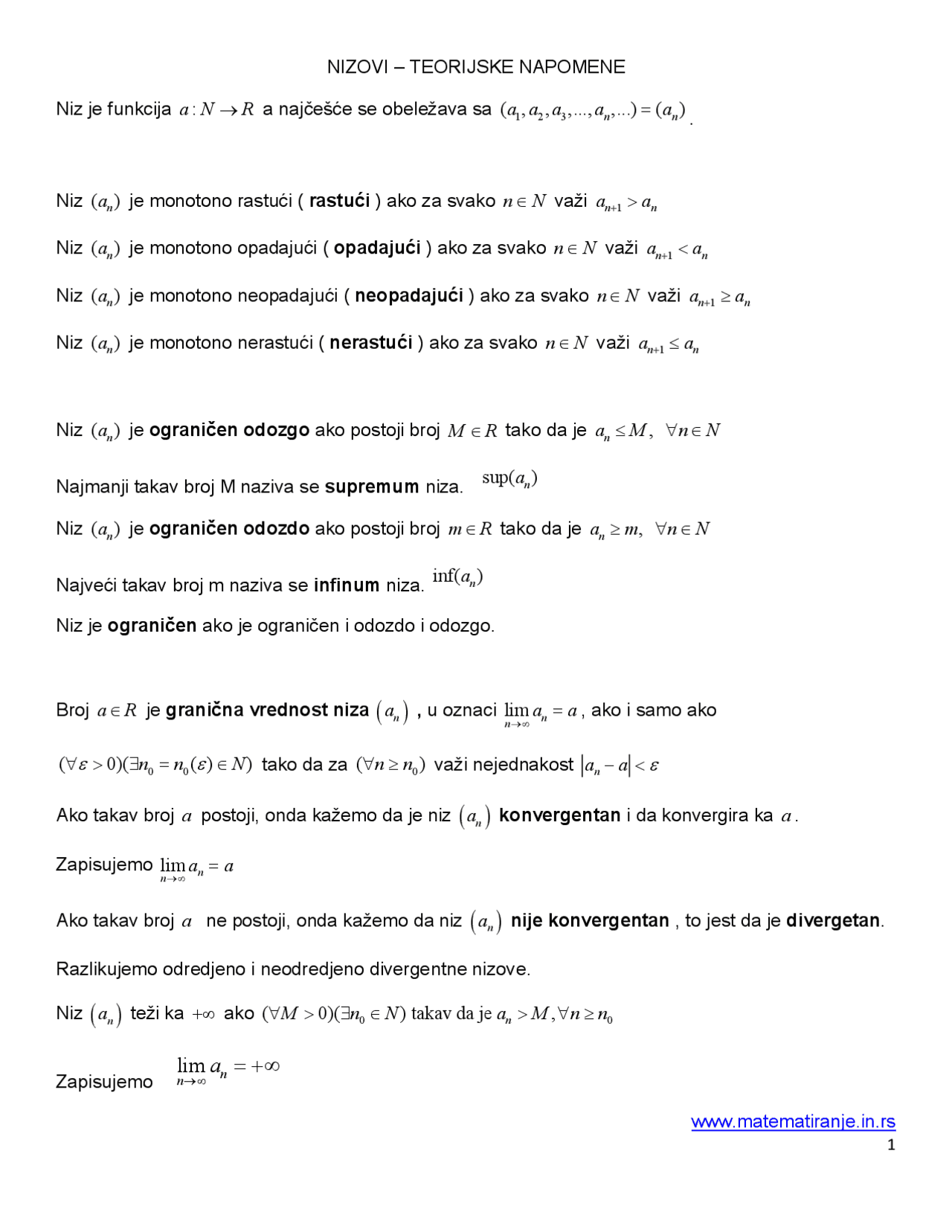 Nizovi Teorijske Napomene Skripte Predlog Matematica Docsity