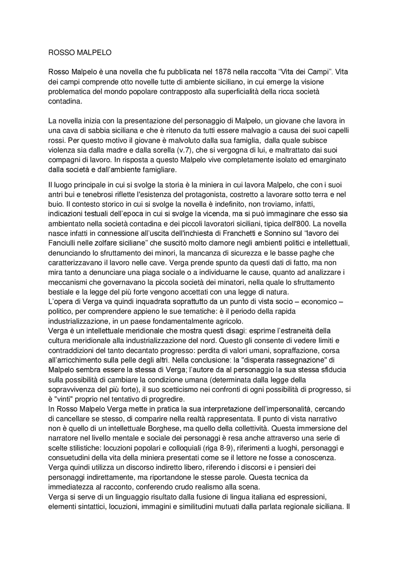 Rosso Malpelo Giovanni Verga Docsity