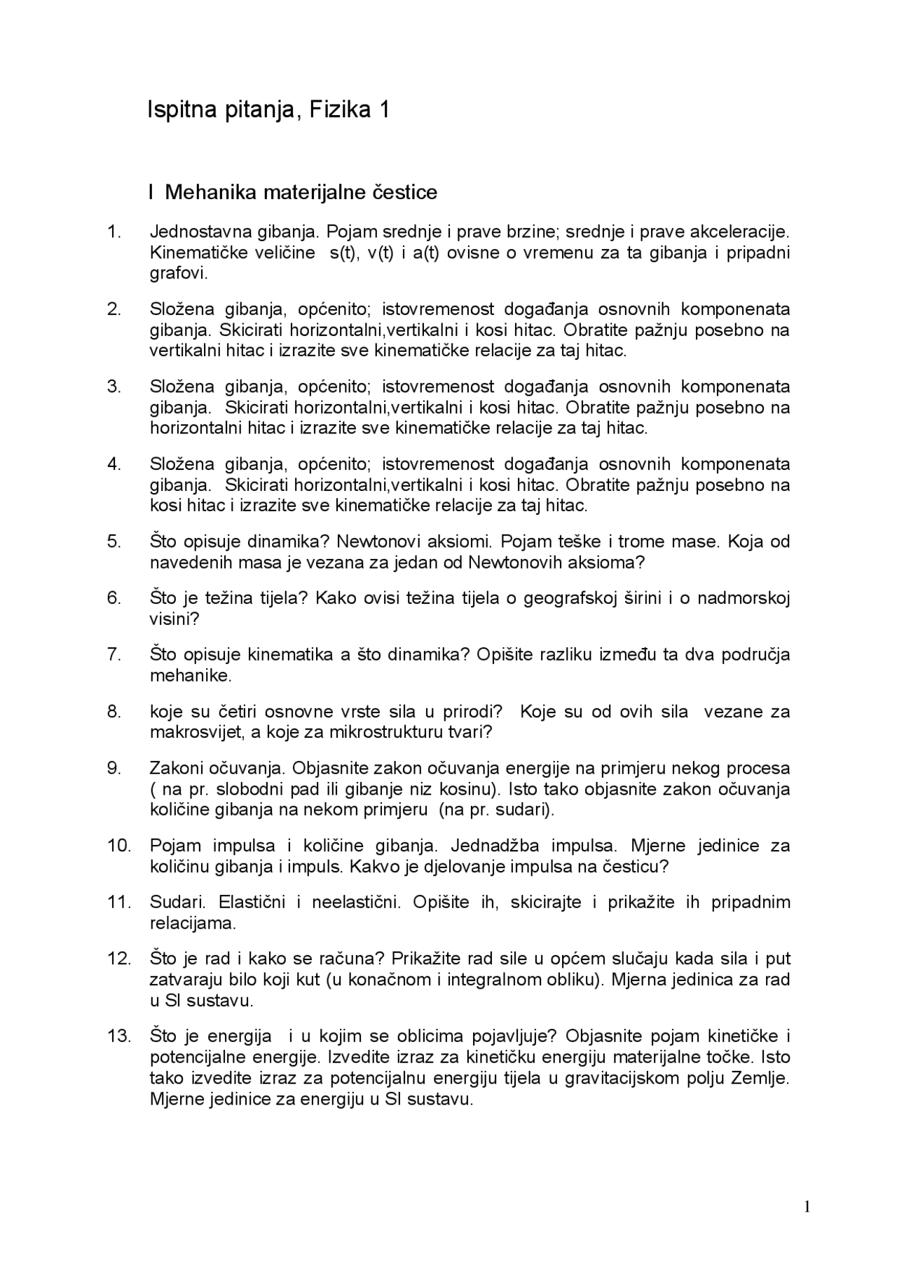 Ispitna pitanja, Fizika 1 | Ispiti' predlog Fizika - Docsity