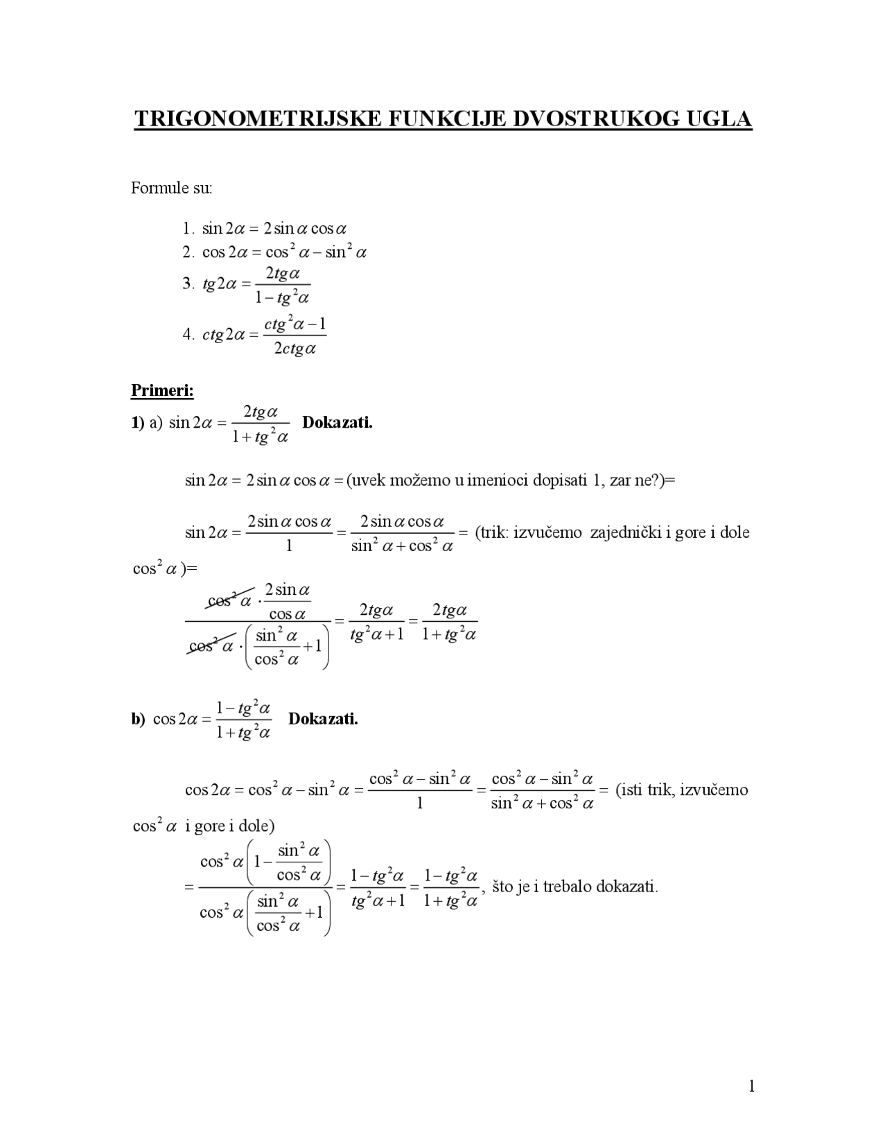 Trigonometrijske Funkcije Dvostrukog Ugla Skripte Predlog Matematica