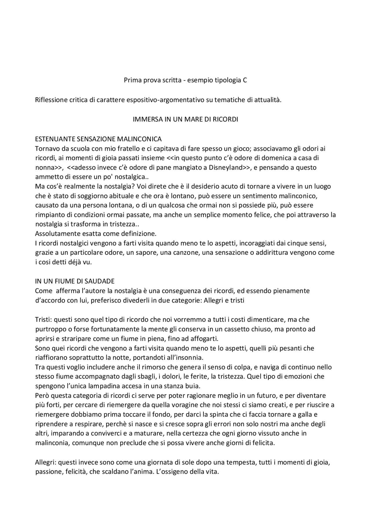 Simulazione Prima Prova Scritta Esempio Tipologia C Prove Desame Di