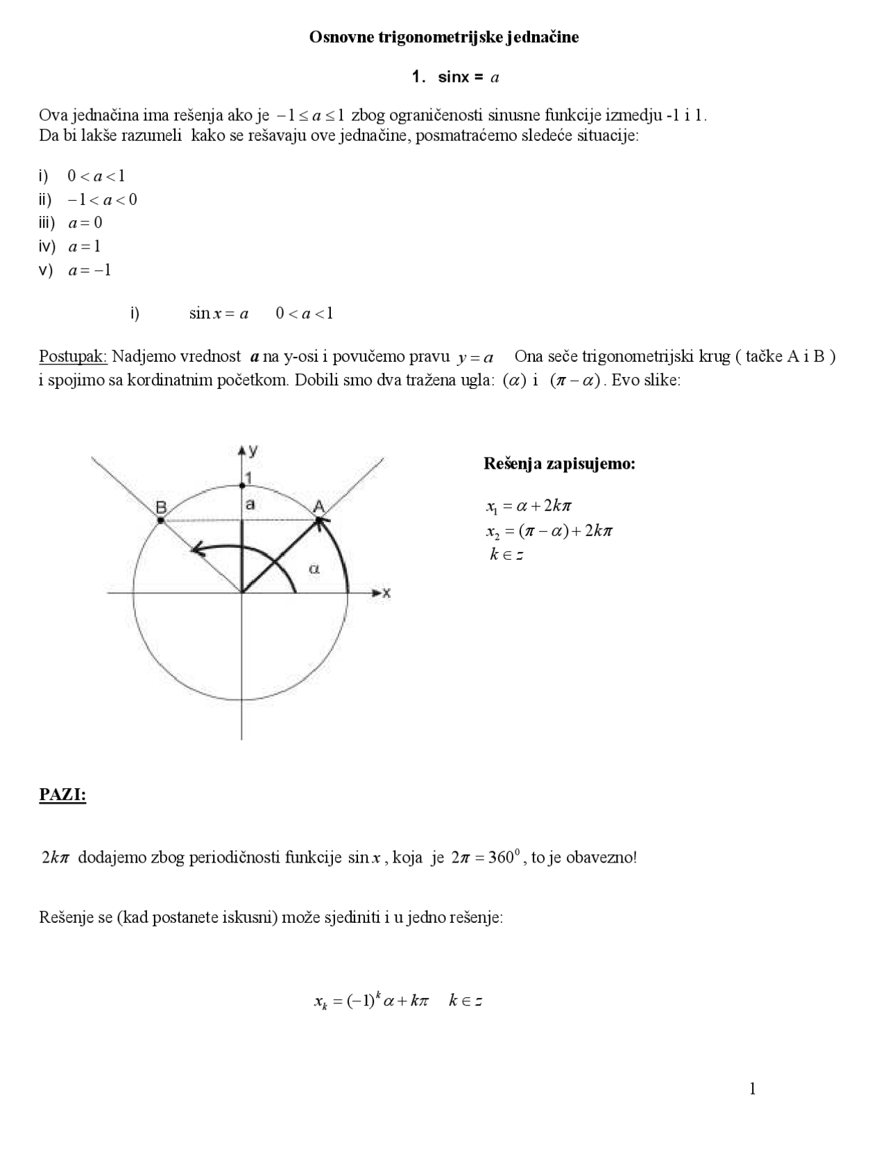 Osnovne Trigonometrijske Jednacine Skripte Predlog Matematica Docsity