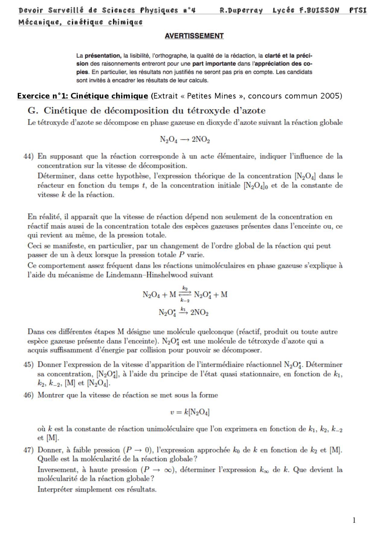 Mécanique, cinétique chimique - Devoir Surveillé | Exercices Physique | Docsity