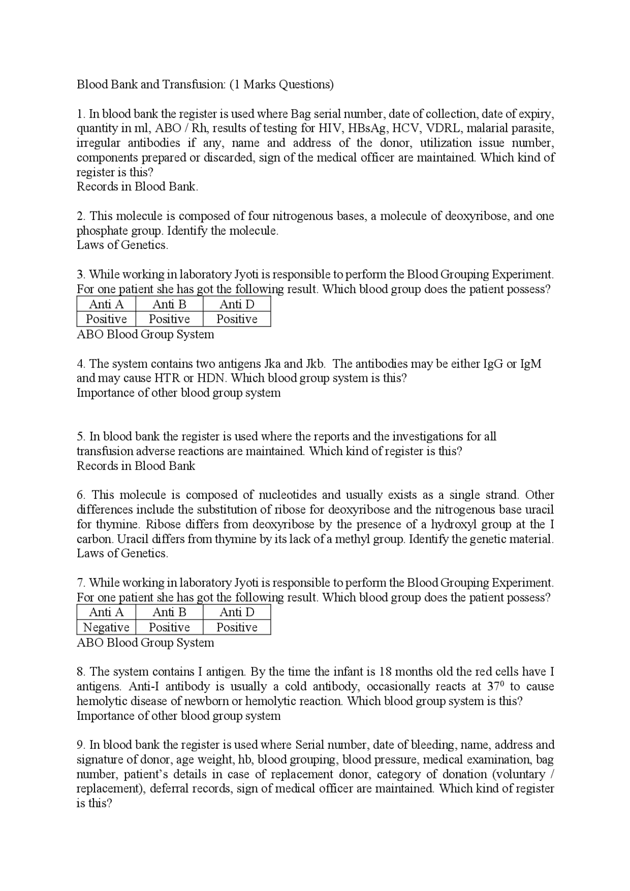 Best practice questions for Blood Bank - Docsity